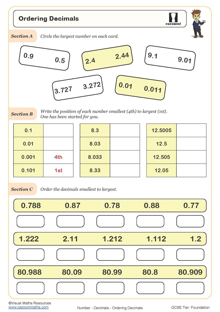 Ordering Decimals Maze Worksheet | Cazoom Maths Worksheets
