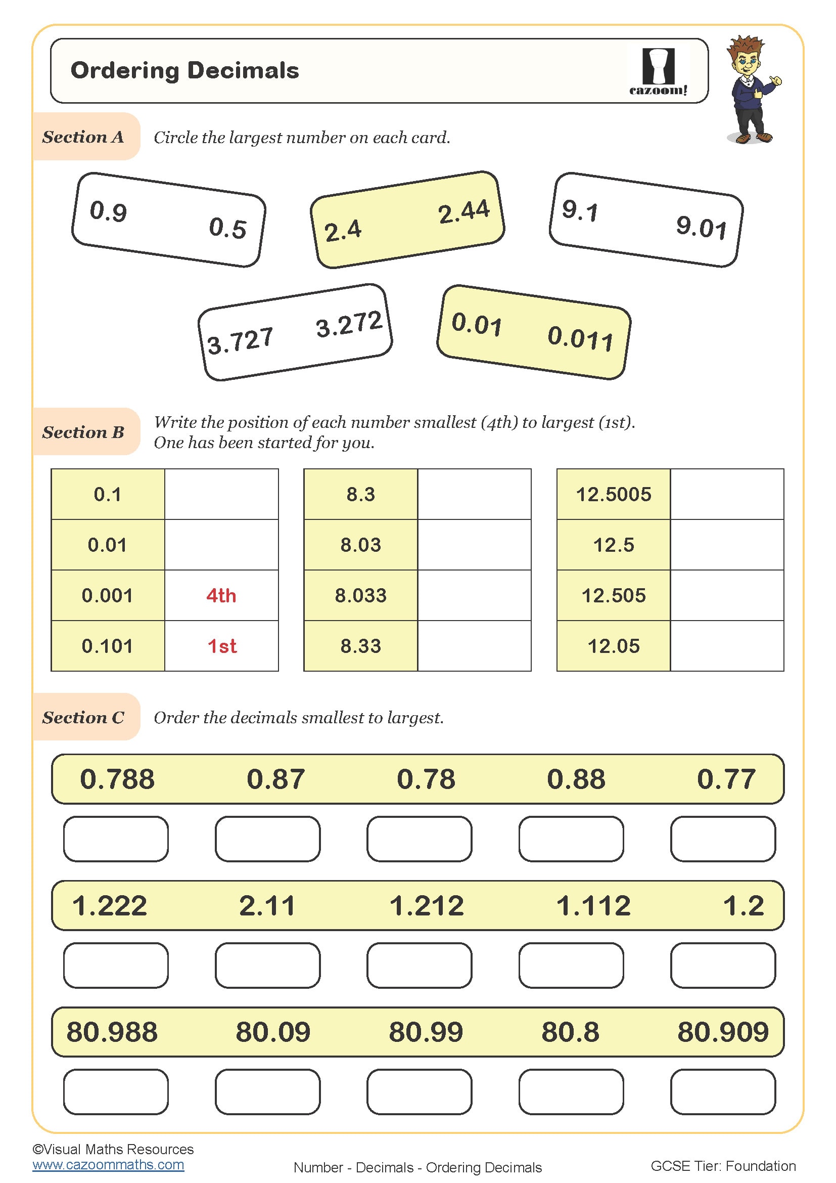 Ordering Decimals Worksheet | Printable PDF Ordering Decimals Worksheet
