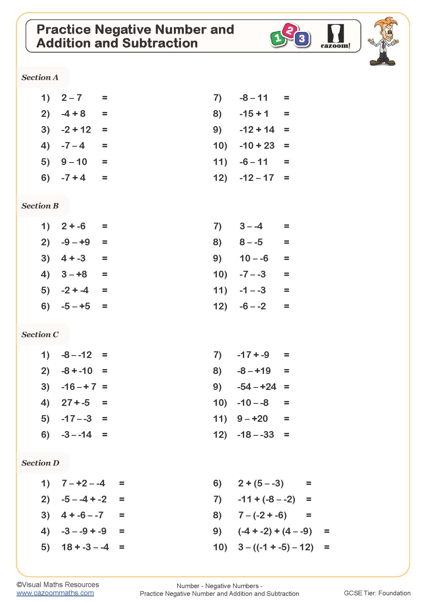 Practice Negative Number And Addition And Subtraction Worksheet