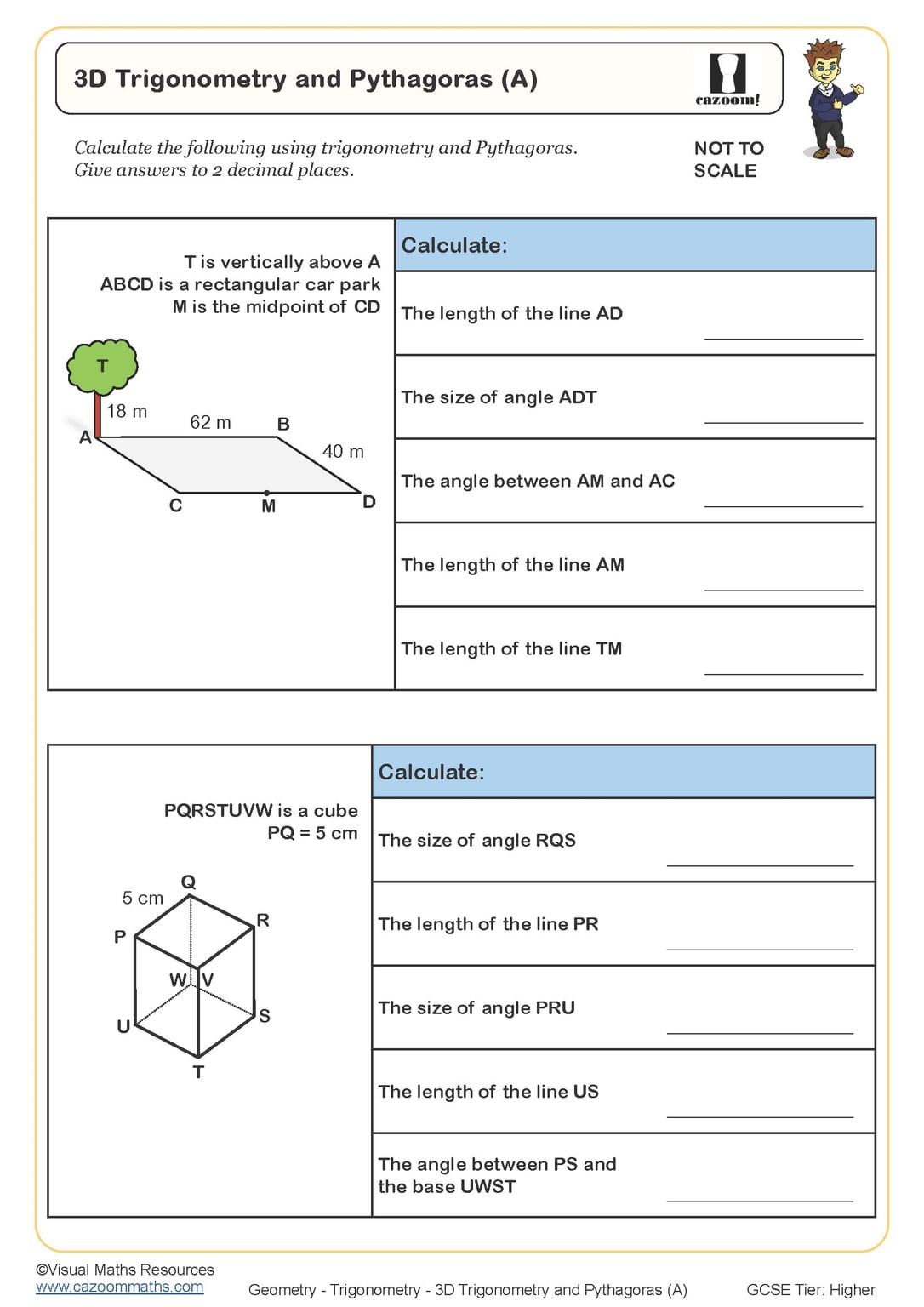 3D Trigonometry and Pythagoras (A) Worksheet | Printable PDF Worksheets