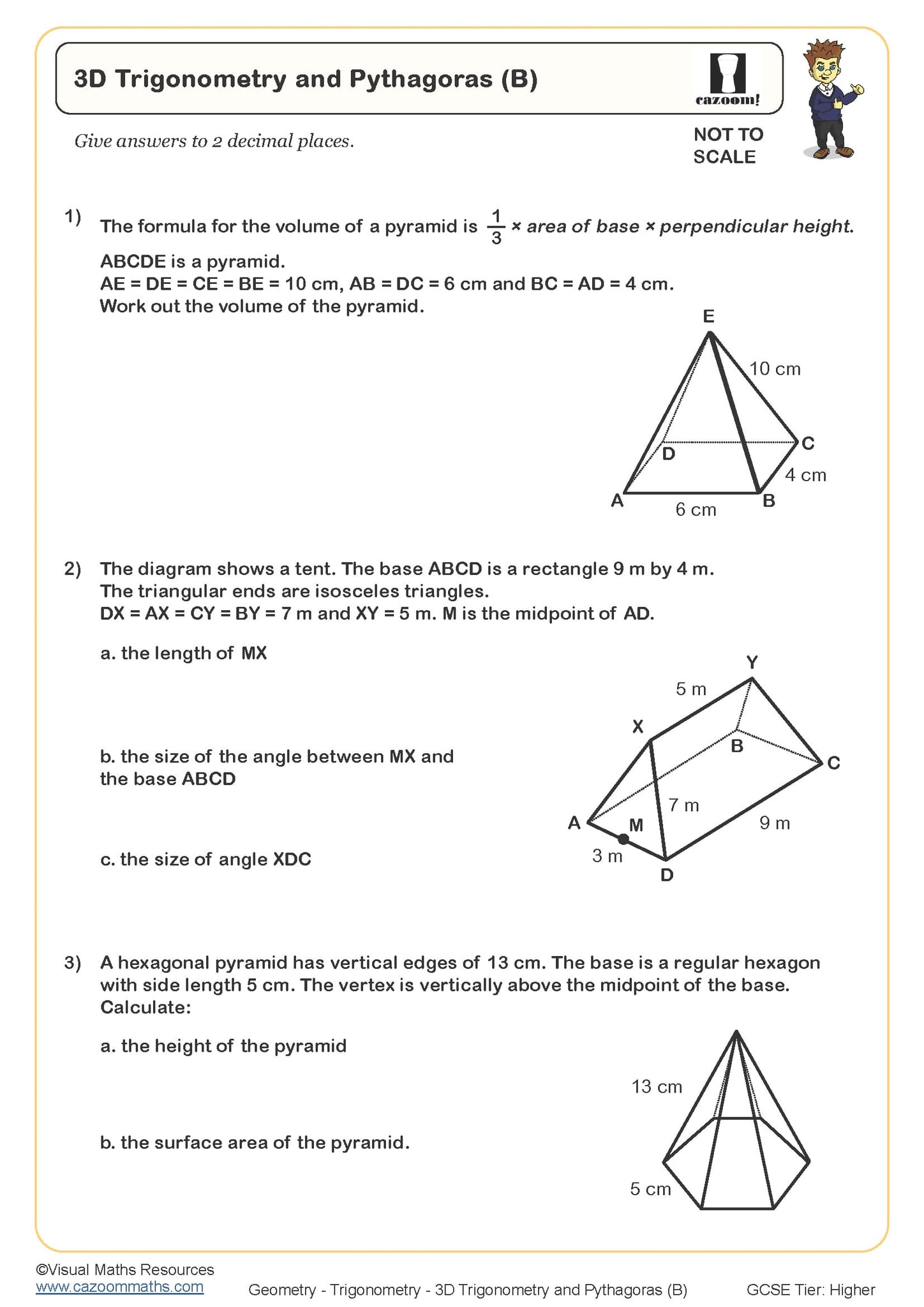 3D Trigonometry and Pythagoras (B) Worksheet | Cazoom Maths Worksheets