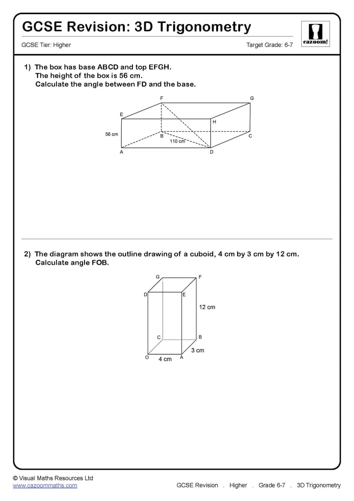 3D Trigonometry and Pythagoras (B) Worksheet | Cazoom Maths Worksheets