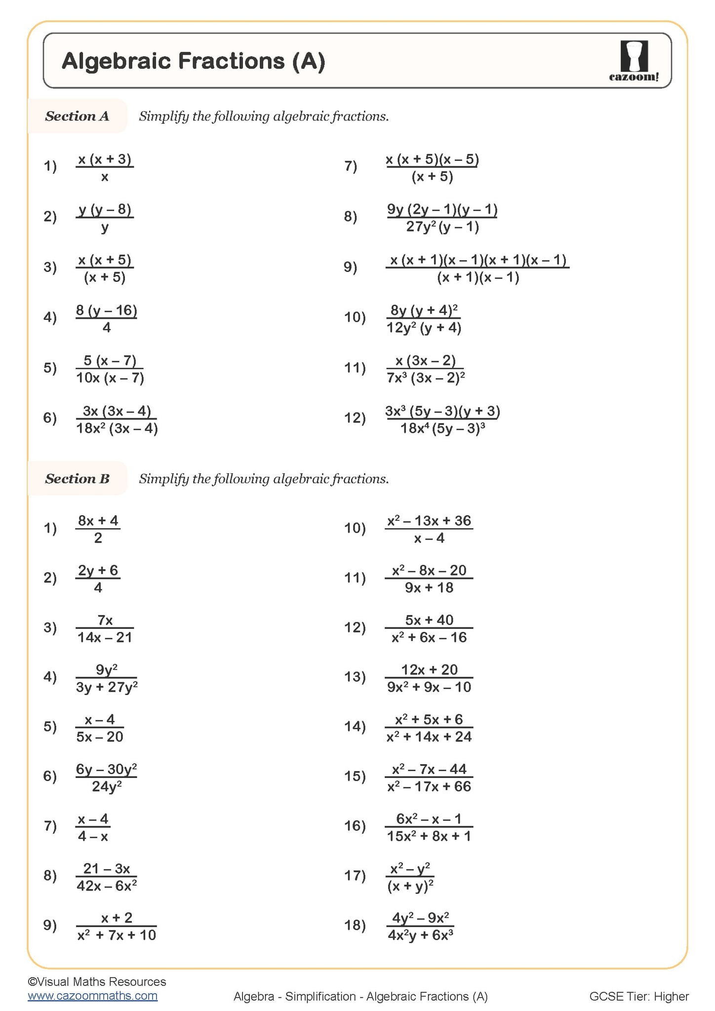 Algebraic Fractions A Worksheet Cazoom Maths Worksheets