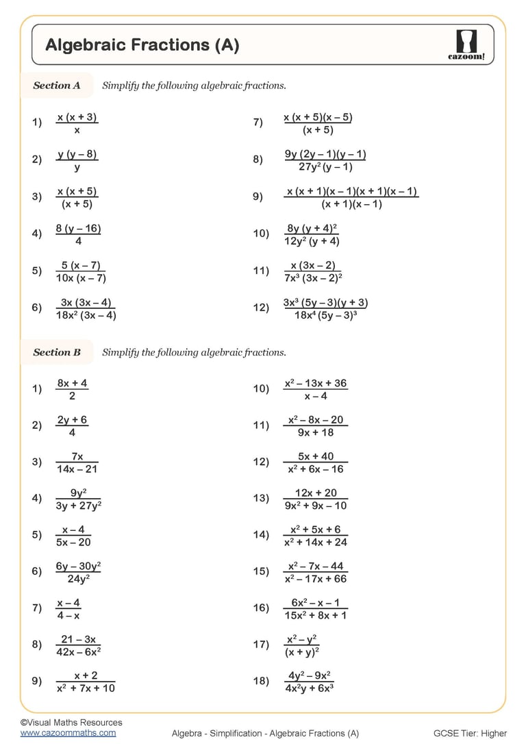 Algebraic Fractions A Worksheet Cazoom Maths Worksheets