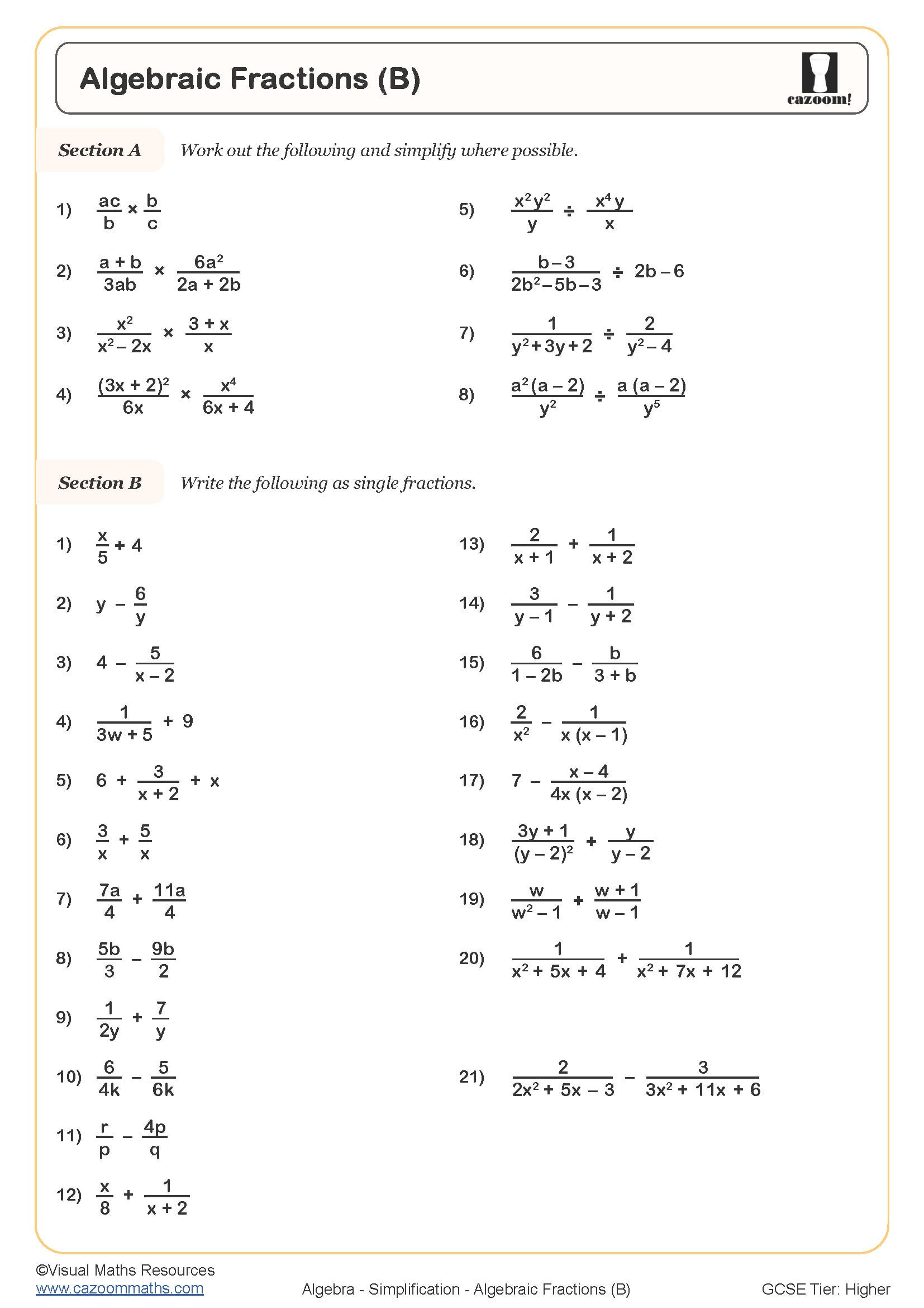 Simplify Algebraic Fractions (B) Worksheet | Fun and Engaging Year 10 ...