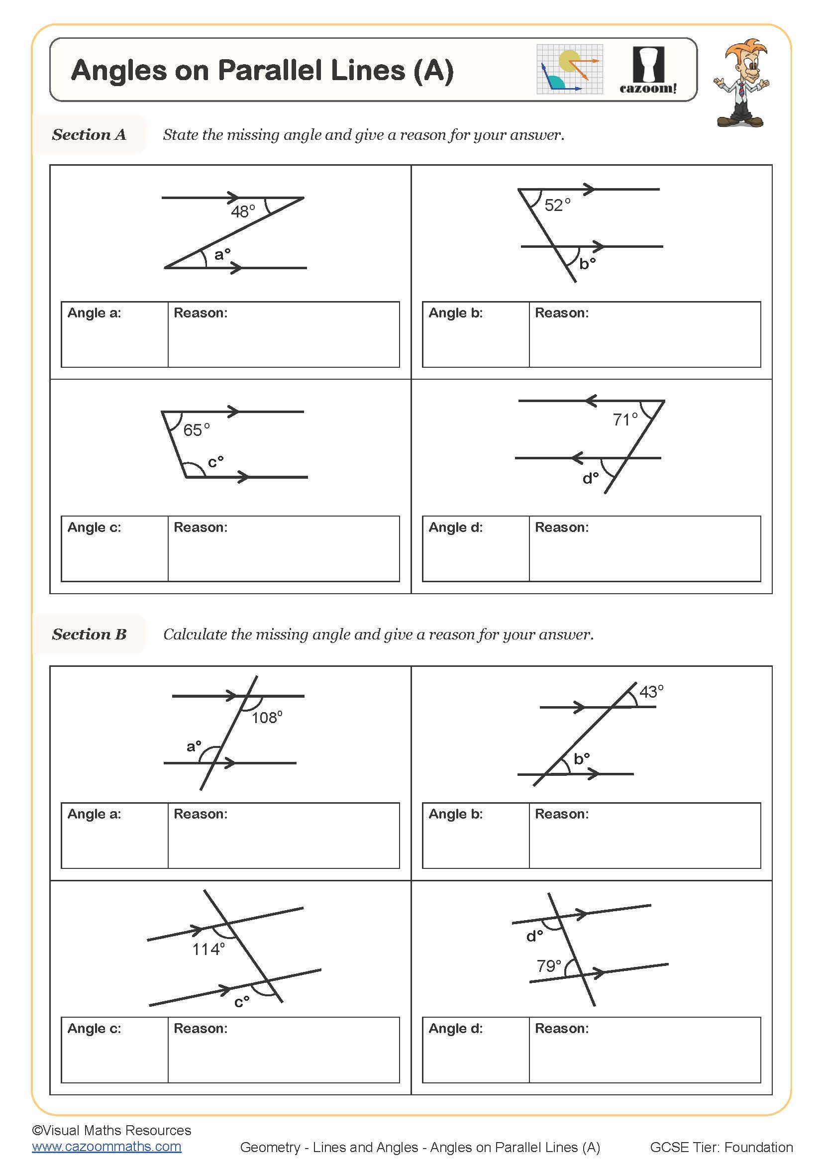 Angles on Parallel Lines (A) Worksheet | Printable Maths Worksheets
