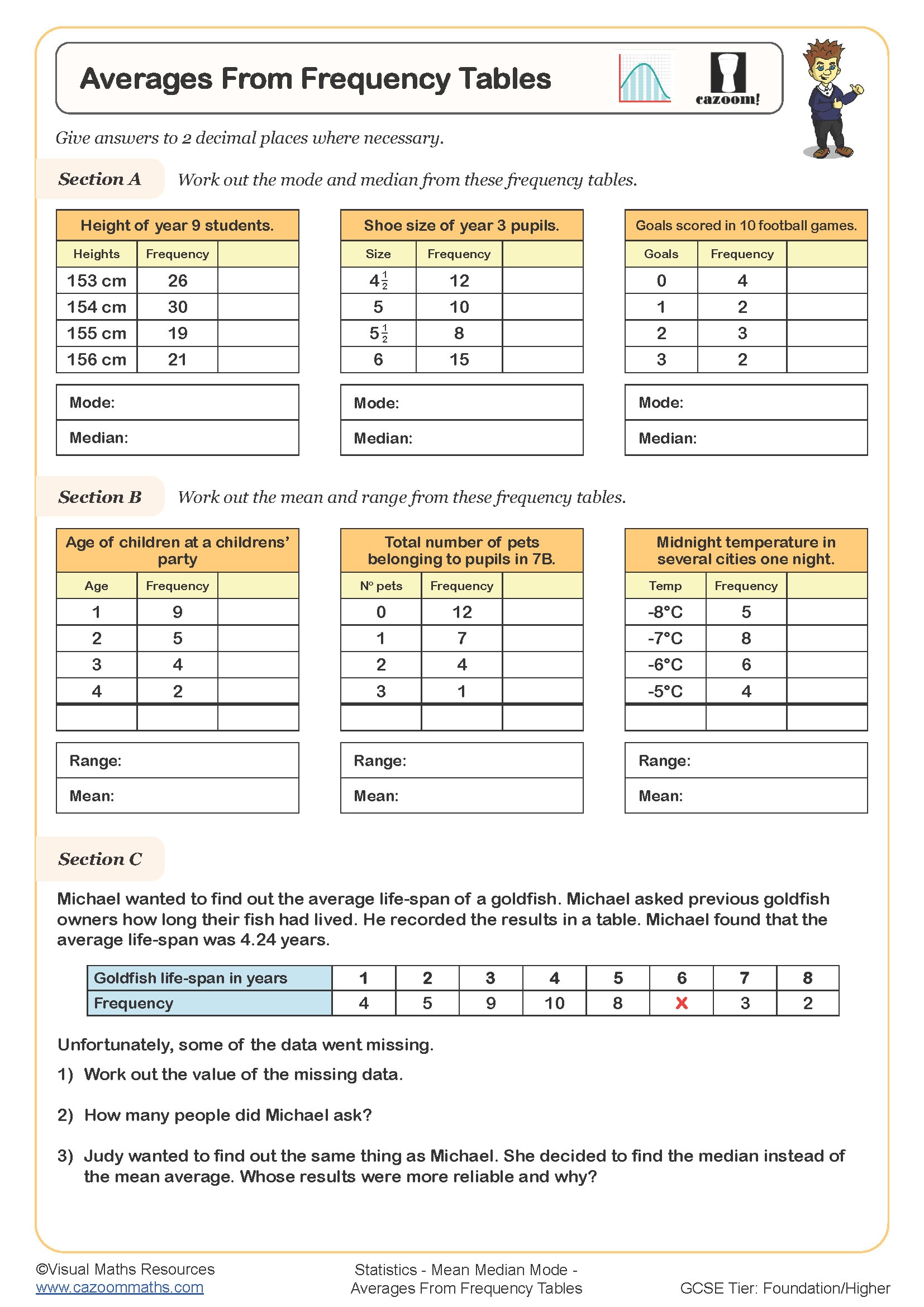 Grouped Frequency Tables Worksheet | Printable PDF Year 7 and Year 8 ...