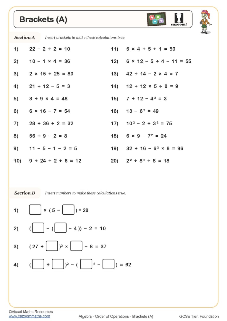 Brackets (A) Worksheet | Cazoom Maths Worksheets