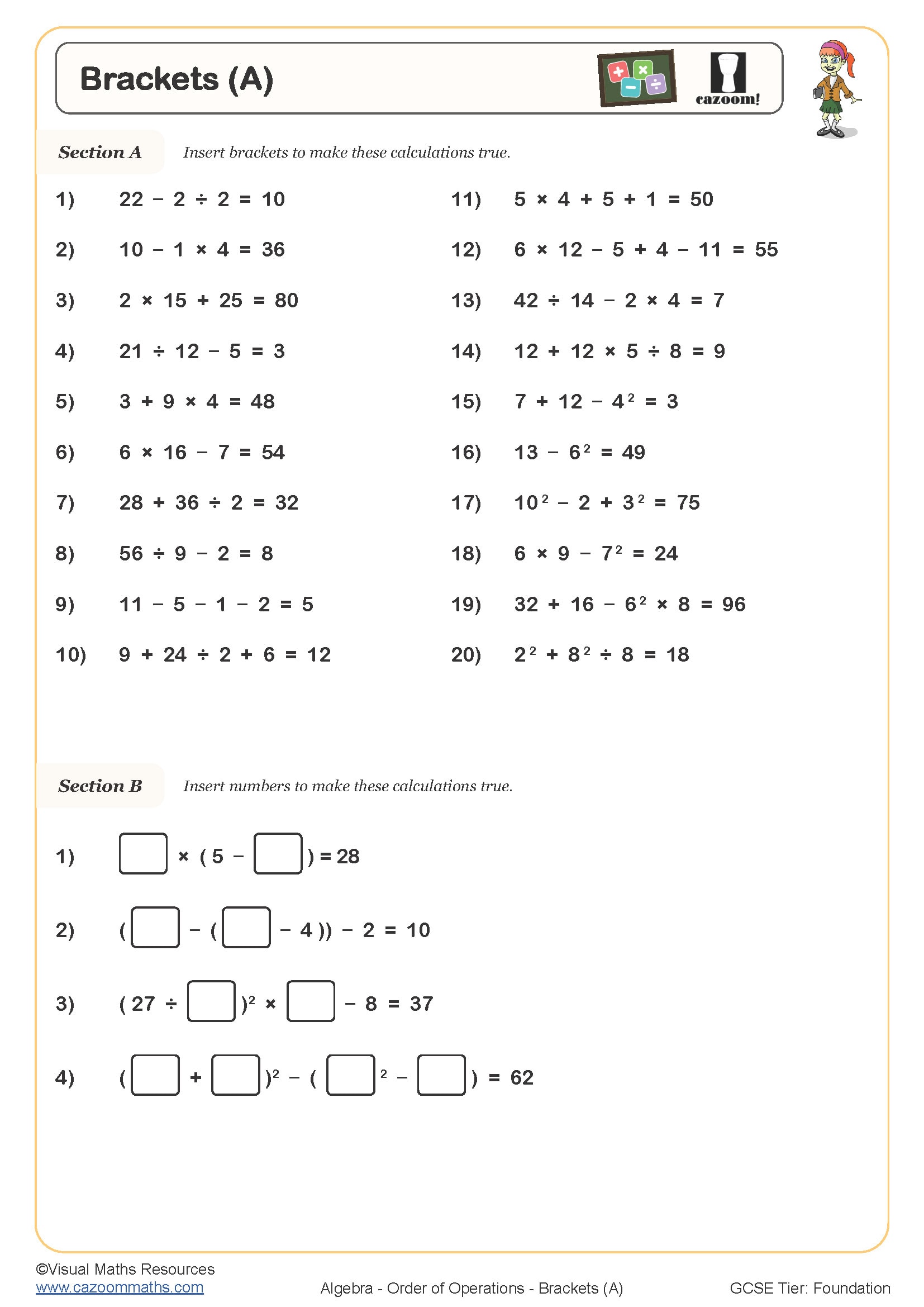 Order of Operations - Introducing Brackets and Indices Worksheet ...