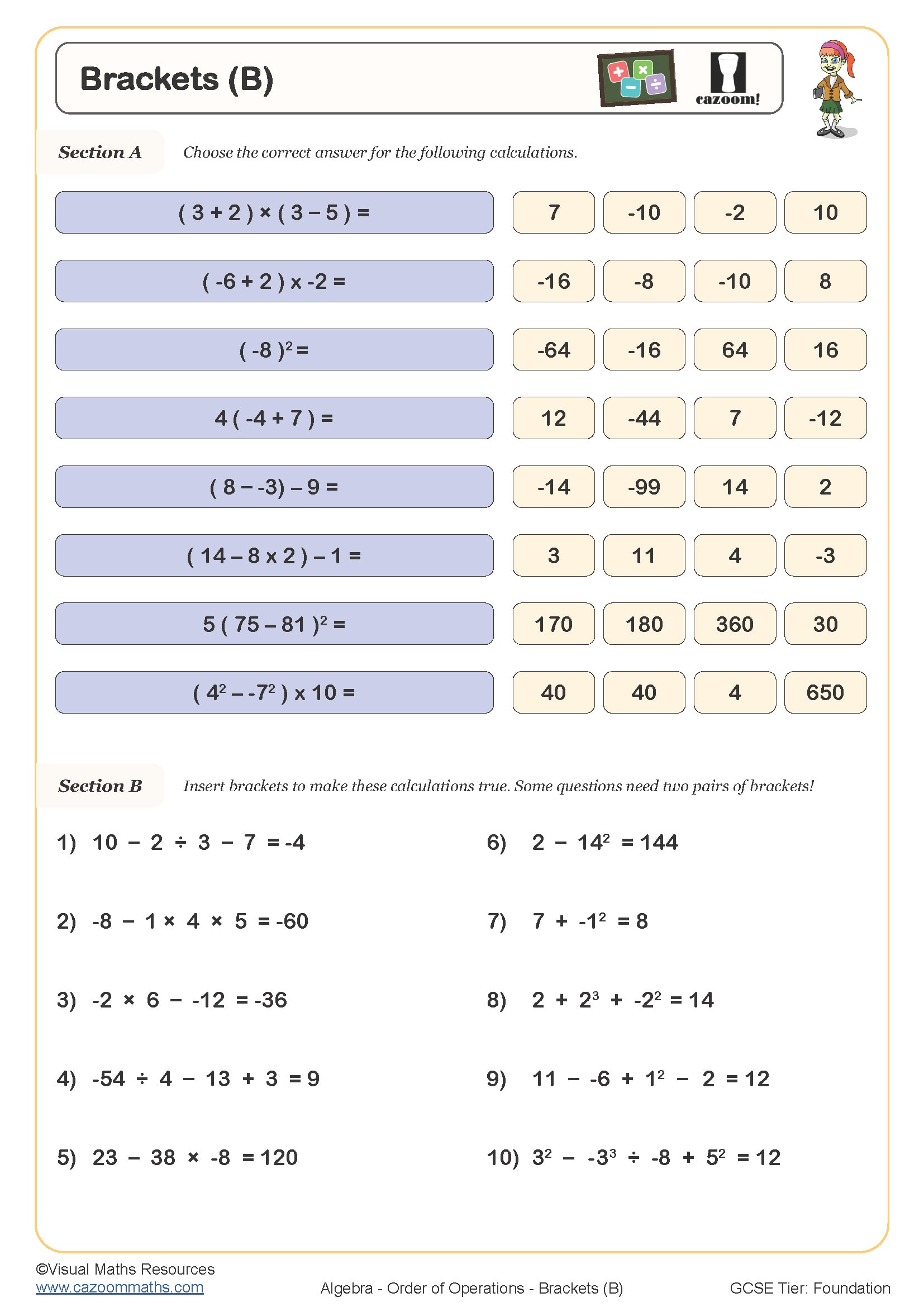 Brackets (A) Worksheet | Cazoom Maths Worksheets