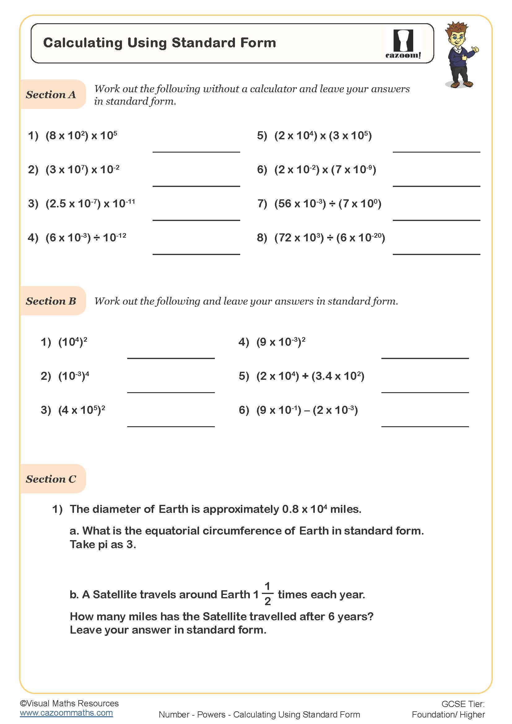 Calculating Using Standard Form Worksheet | Cazoom Maths Worksheets