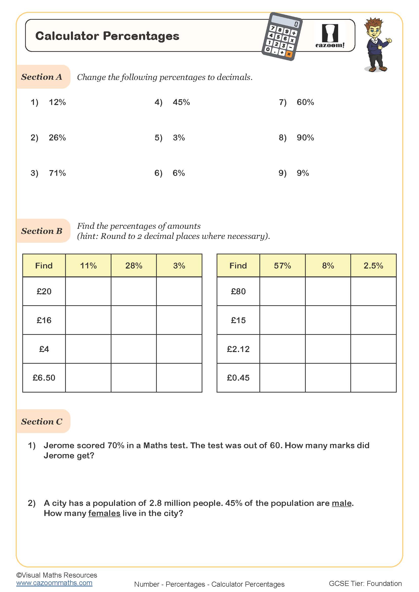 Percentage Increase and Decrease Worksheet | Cazoom Maths Worksheets
