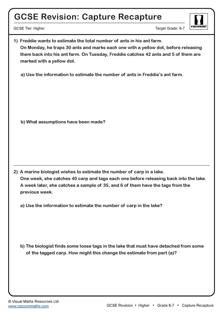 Capture Recapture GCSE Questions | GCSE Revision Questions