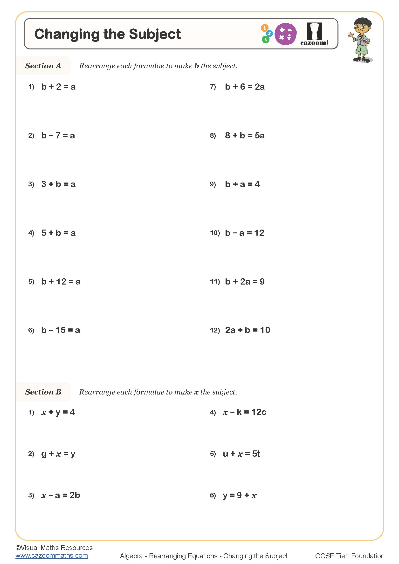 Rearranging into the Form y = mx + c | Cazoom Maths Worksheets