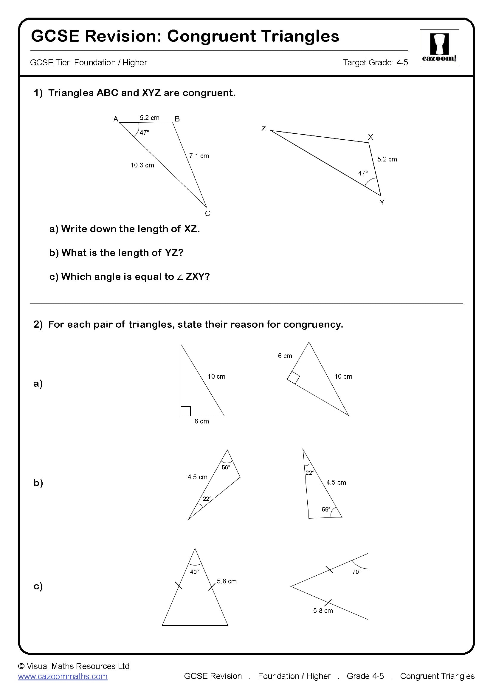 Congruent Triangles GCSE Questions | GCSE Revision Questions