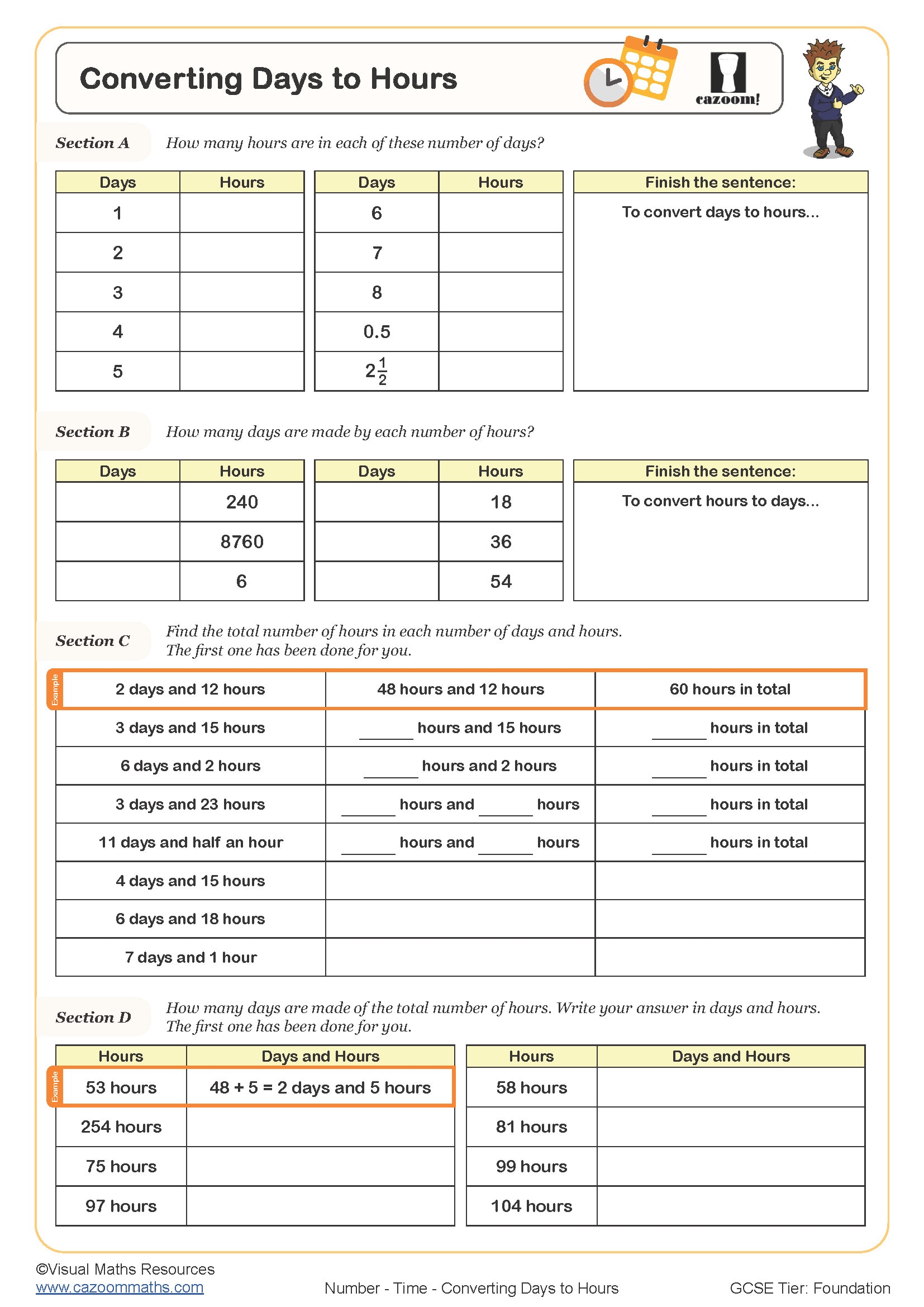 Converting Days to Hours Worksheet | Printable Maths Worksheets