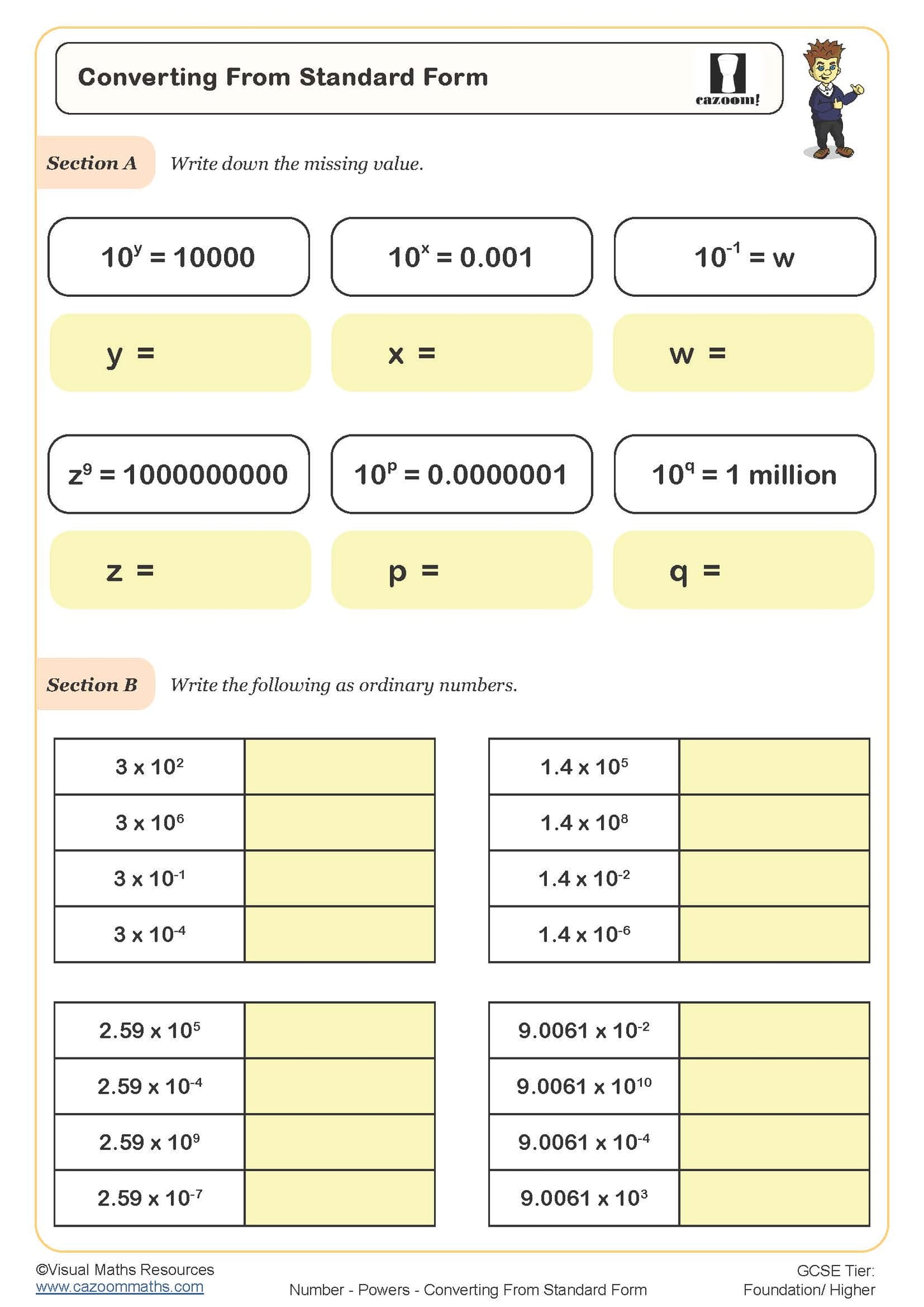 Converting From Standard Form Worksheet Cazoom Maths Worksheets