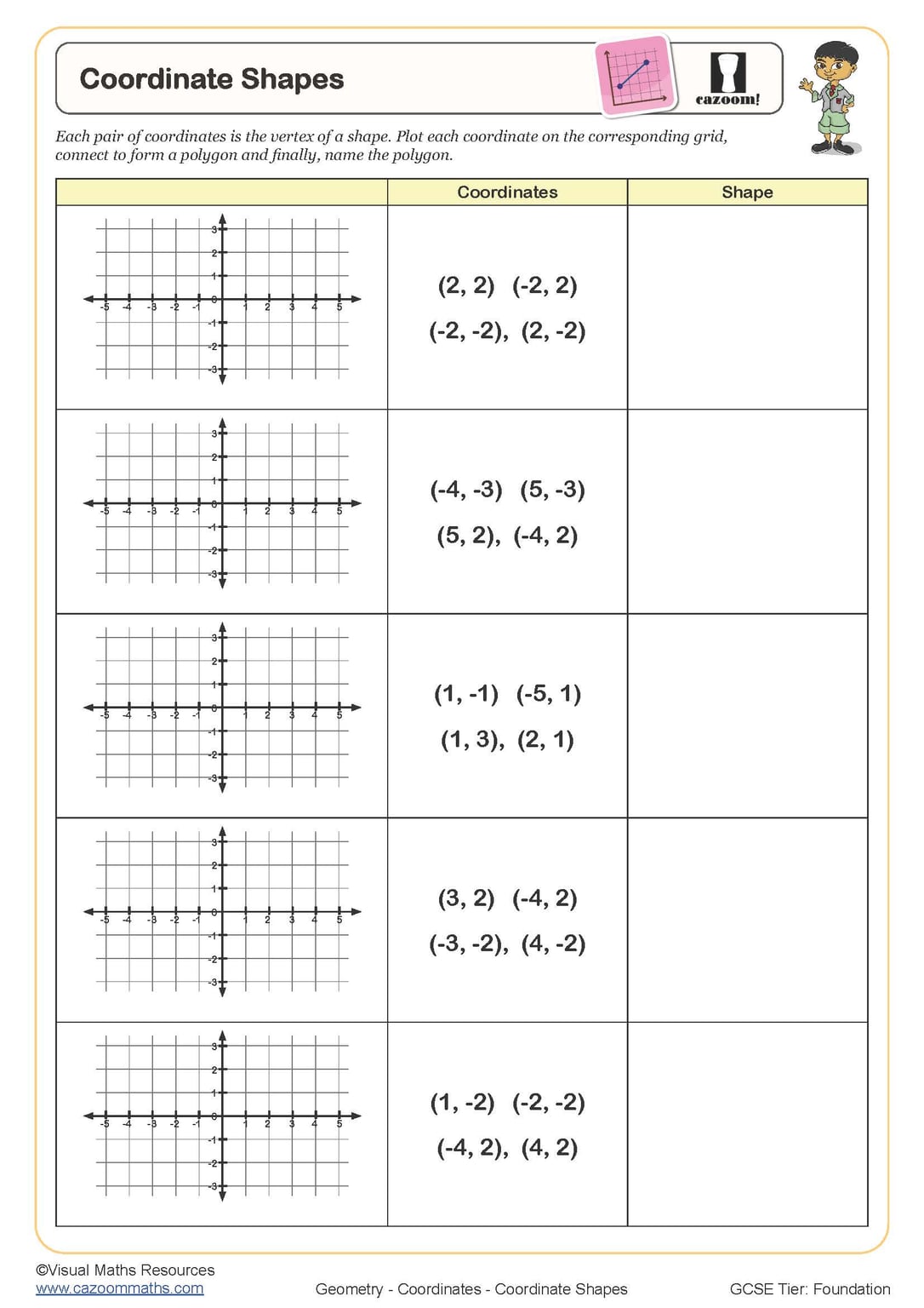Coordinate Shapes (With Clues) | Cazoom Maths Worksheets