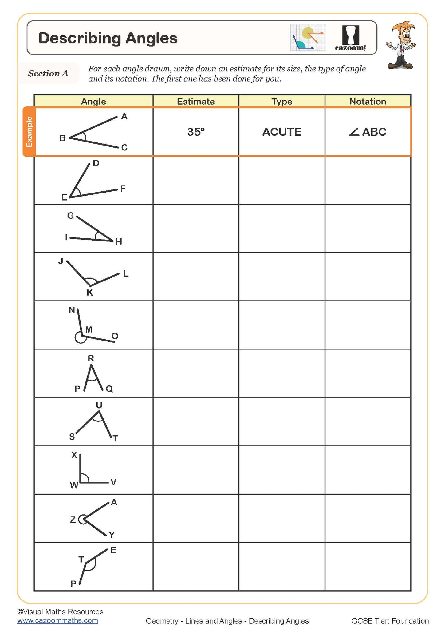 Describing Angles Worksheet Cazoom Maths Worksheets