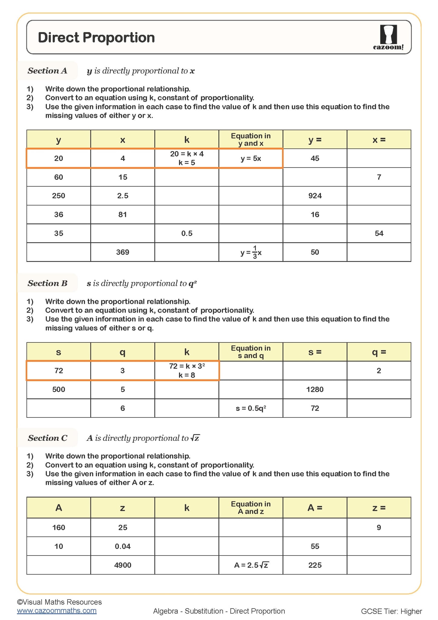 Direct Proportion B Worksheet | Cazoom Maths Worksheets