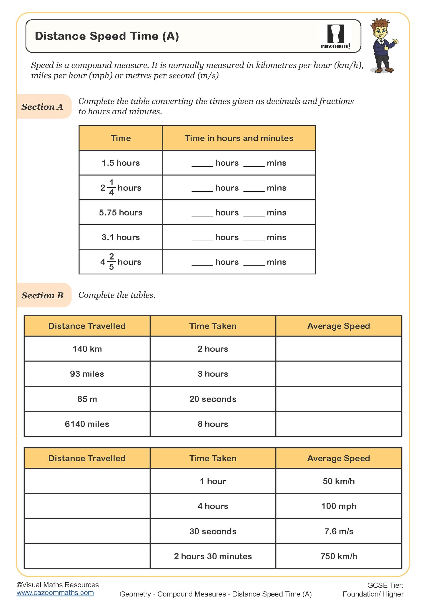 Distance Speed Time (A) Worksheet | Cazoom Maths Worksheets