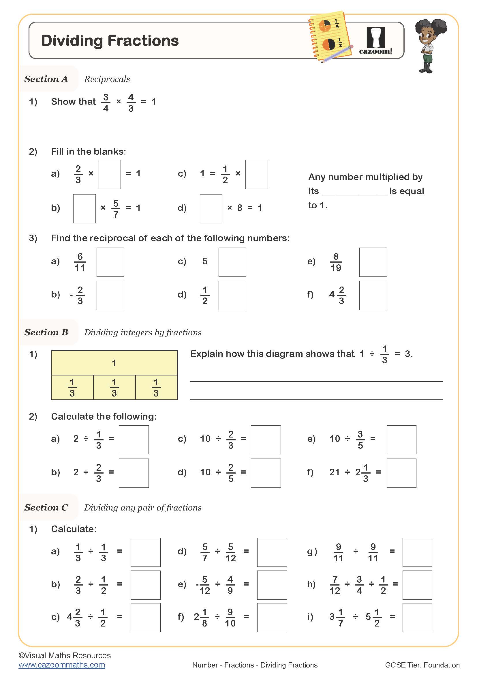 Dividing Fractions by Integers Worksheet | Fun and Engaging Year 7 and ...