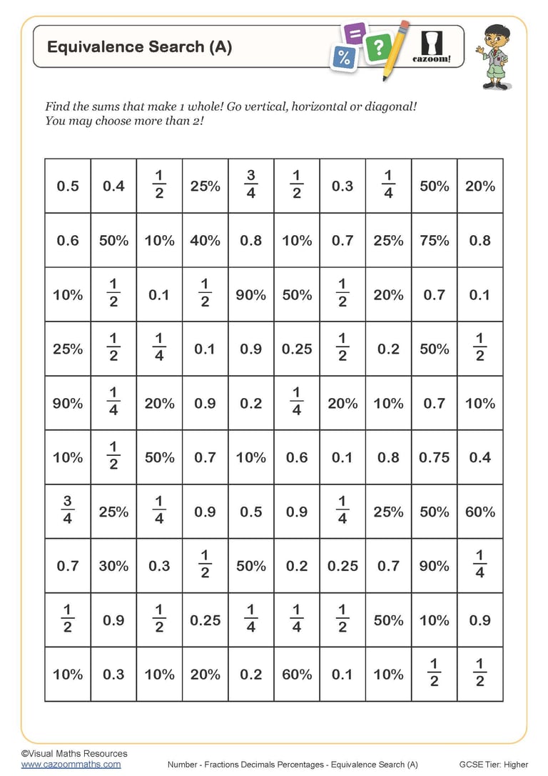 Equivalence Search (A) Worksheet | Cazoom Maths Worksheets
