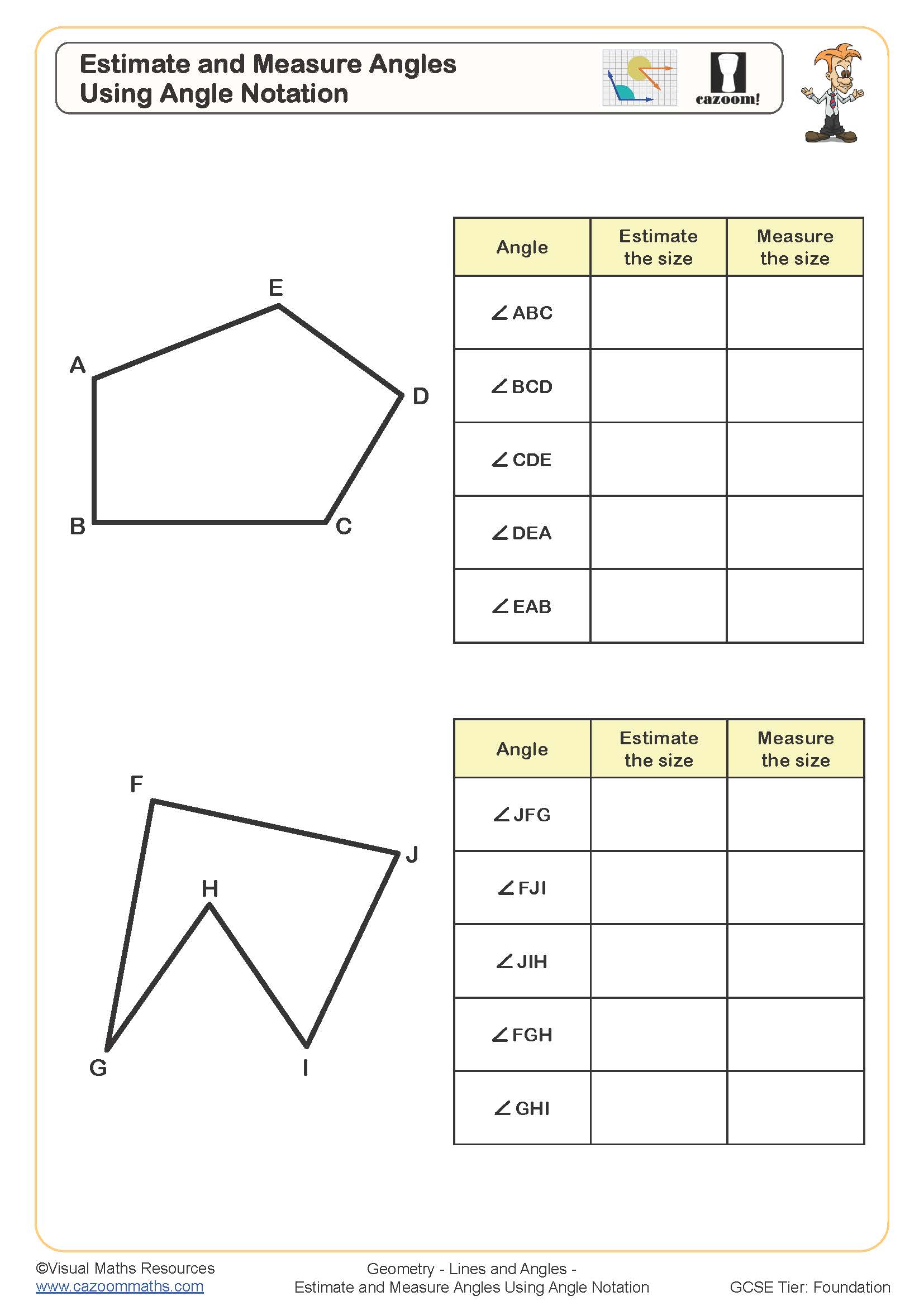 Estimate and Meaure Angles using Angle Notation Worksheet | Cazoom ...