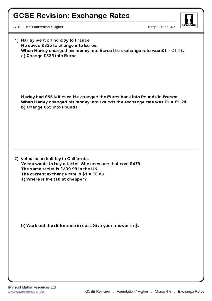 Exchange Rates Worksheet | Printable PDF Worksheets