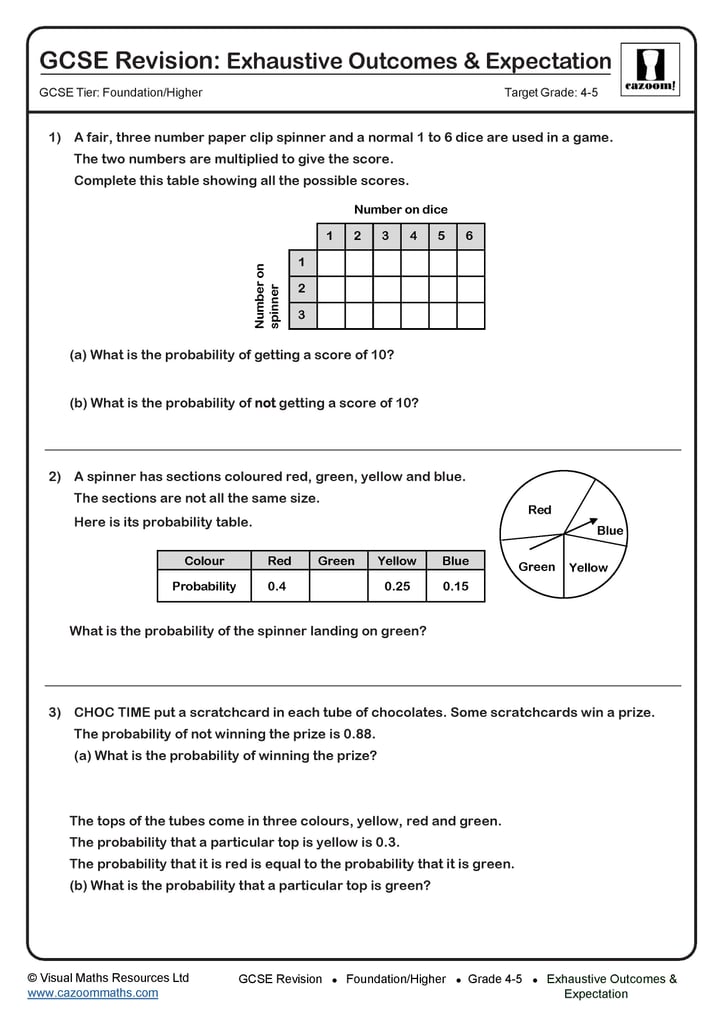 Exhaustive Outcomes & Expectation GCSE Questions | GCSE Revision Questions