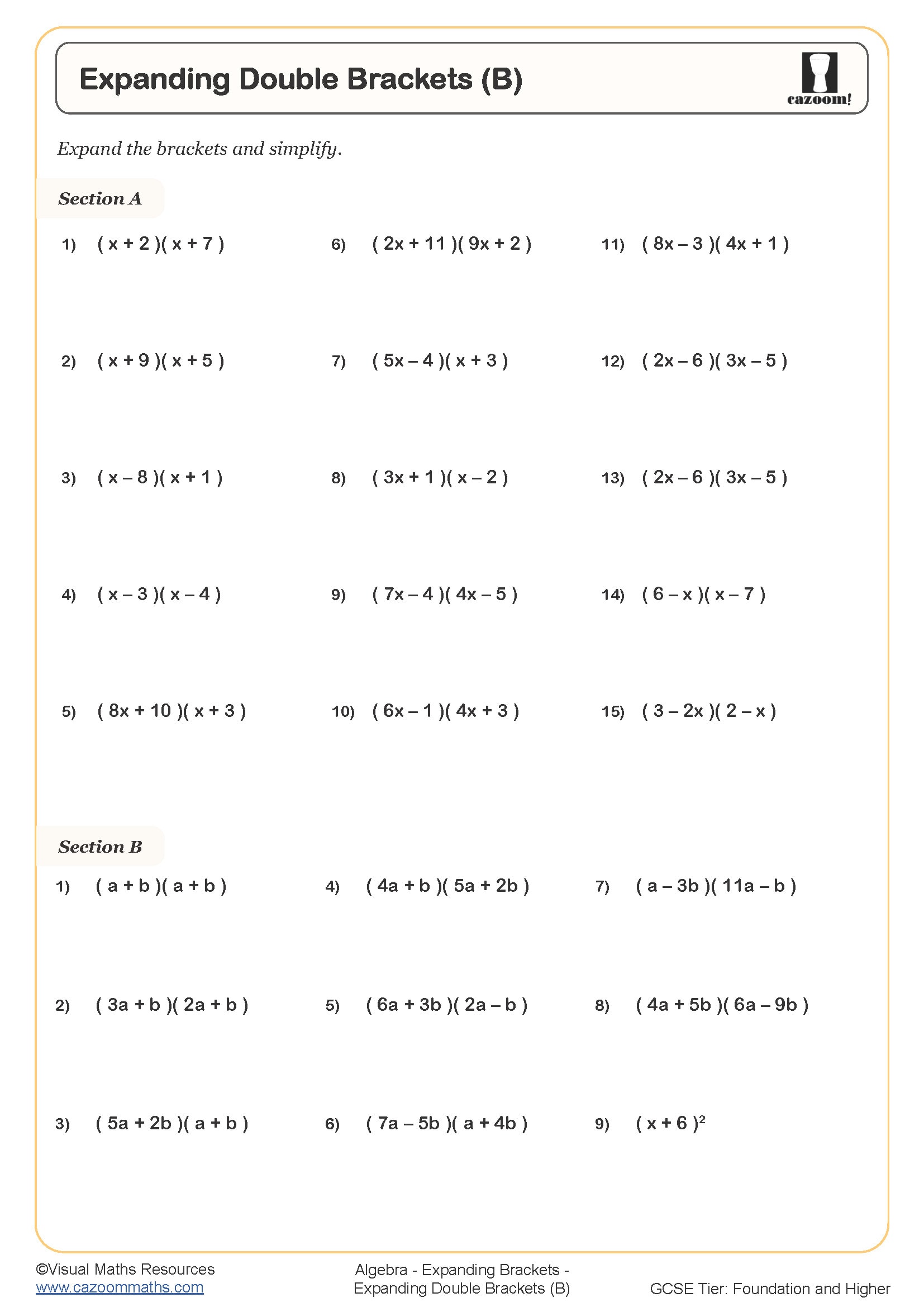Expanding Brackets Worksheets | Printable PDF Algebra Brackets Worksheets