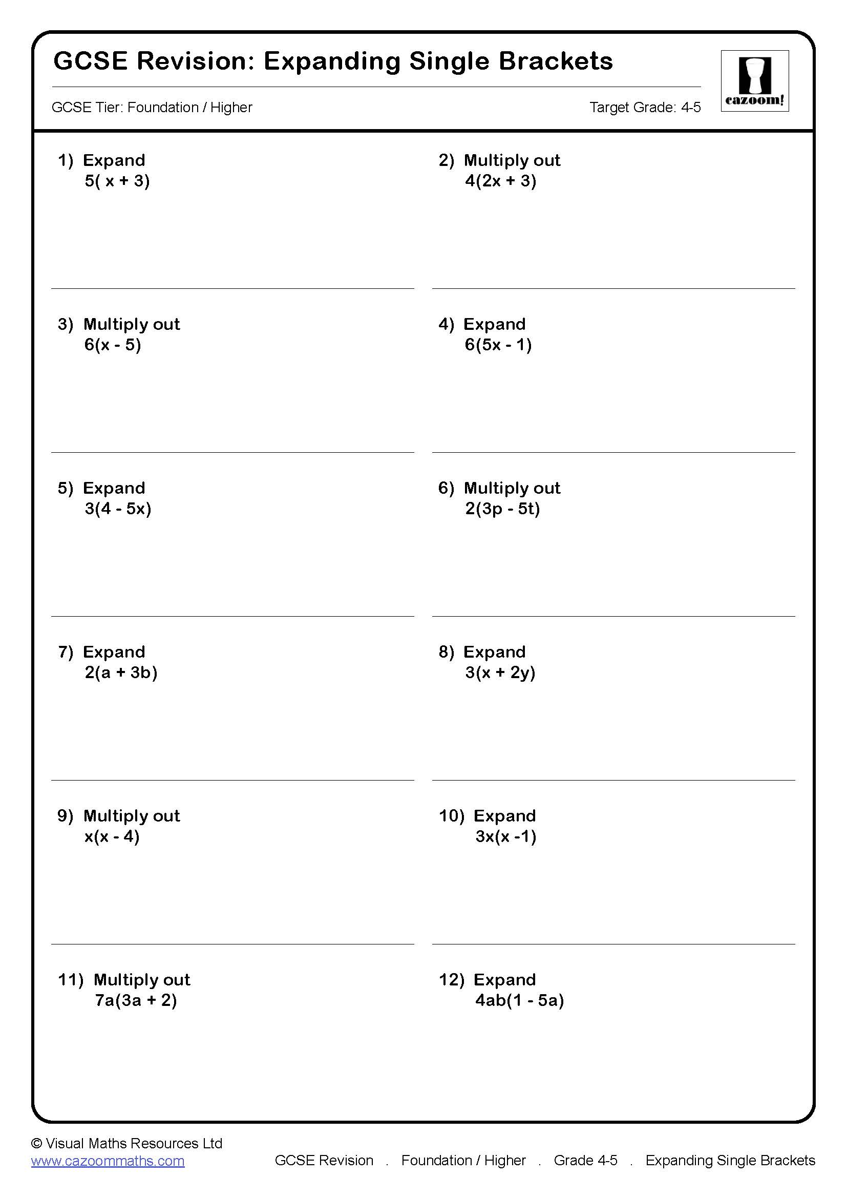 Expanding Single Brackets Foundation And Higher Gcse Questions Gcse Revision Questions