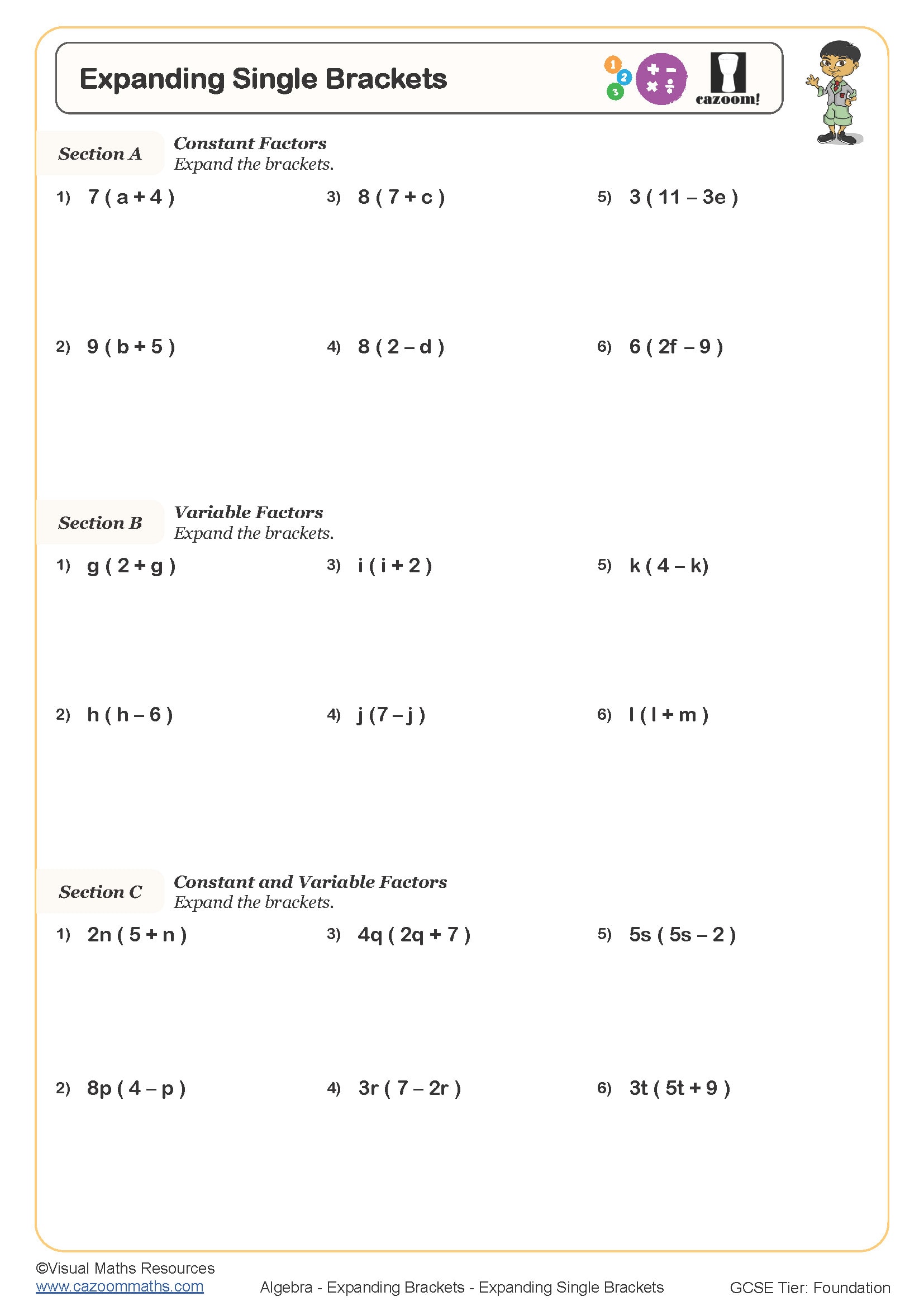Expanding Single Brackets (B) Worksheet | Printable Maths Worksheets