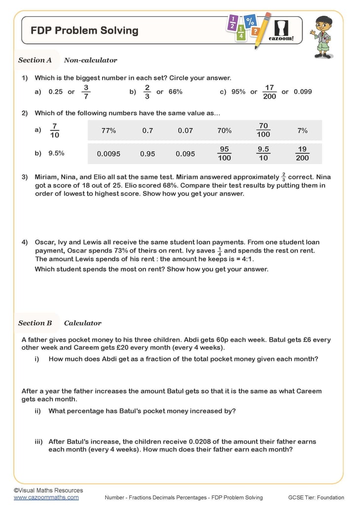 FDP Problem Solving Worksheet | Printable Maths Worksheets