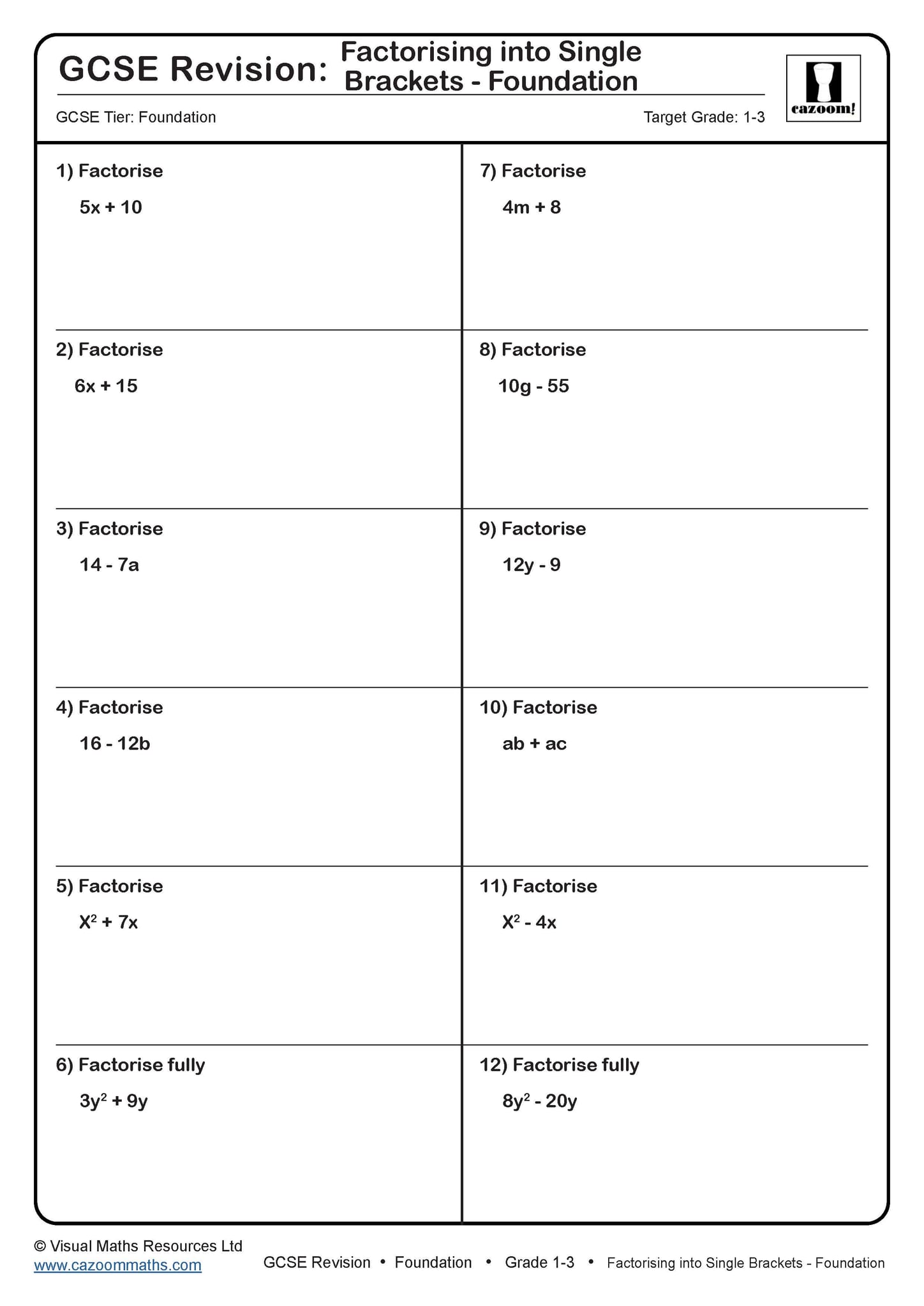 Factorising Quadratics Gcse Questions Gcse Revision Questions