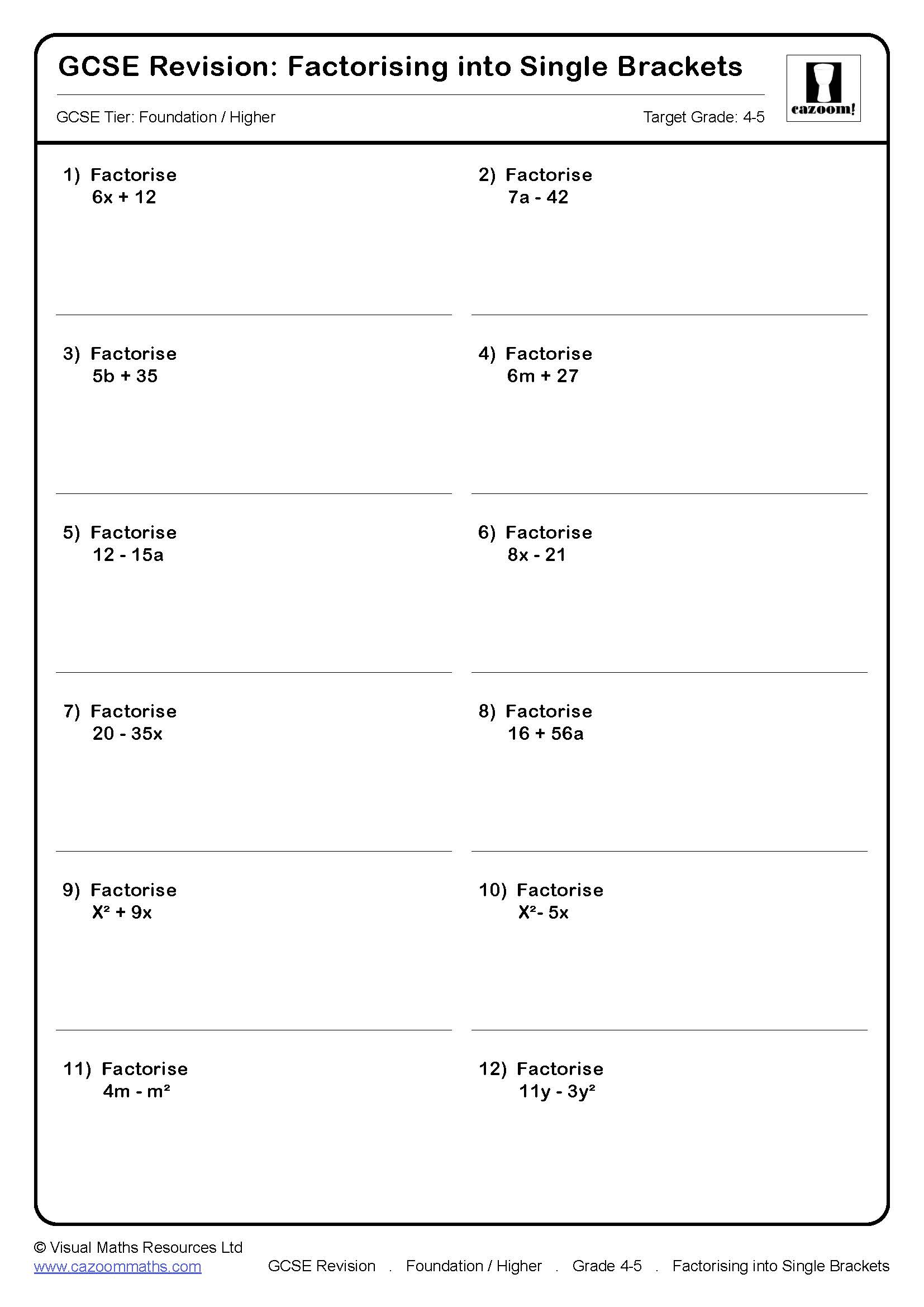 Factorising Into Single Brackets Foundation And Higher Gcse Questions Gcse Revision Questions