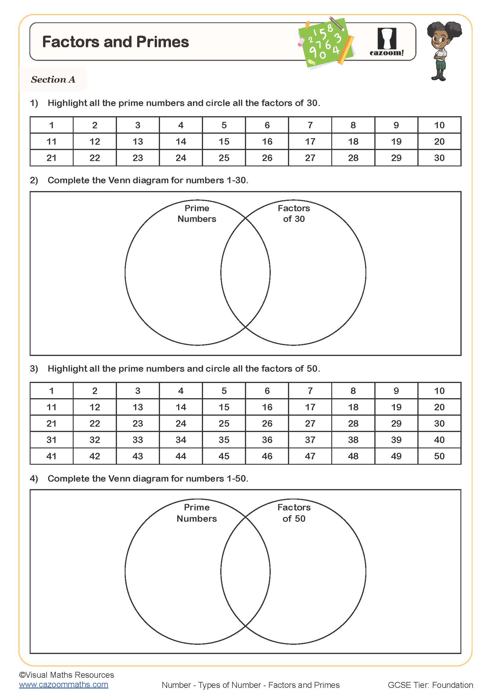 Finding HCF and LCM - Including the Use of Venn Diagrams Worksheet ...