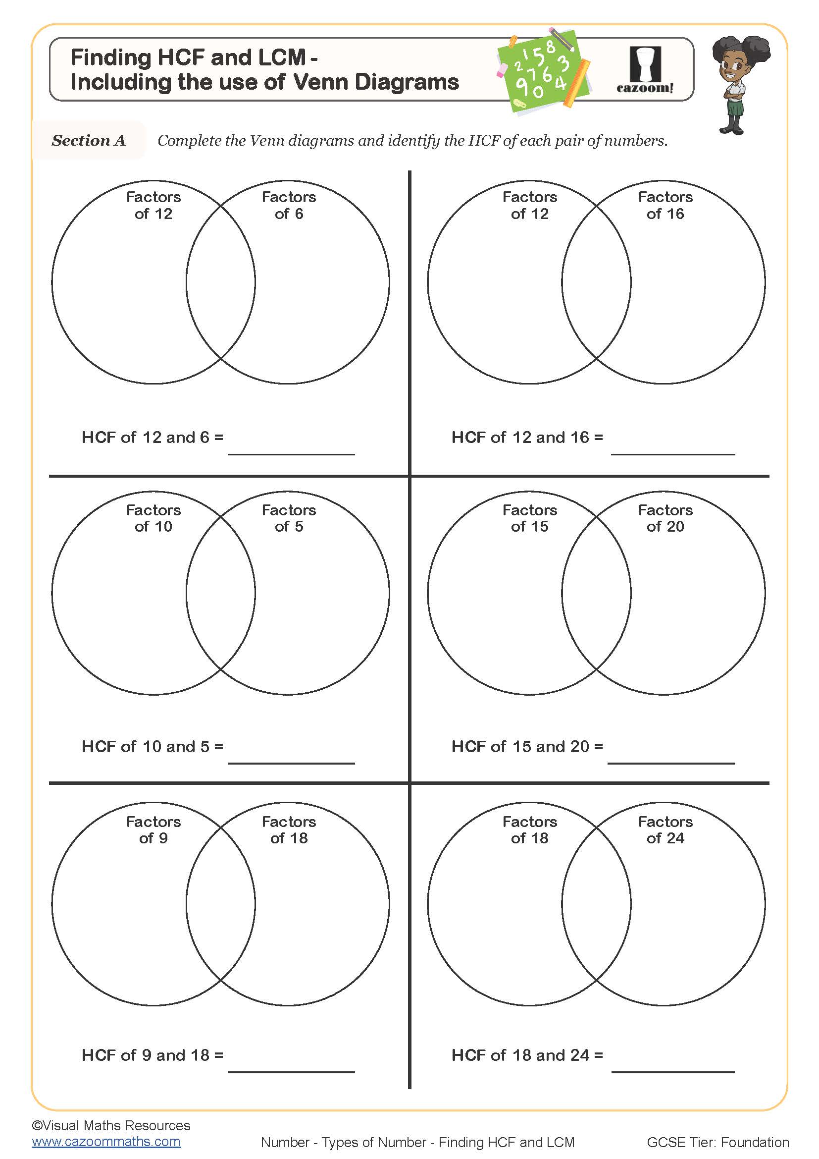 Finding HCF and LCM - Including the Use of Venn Diagrams Worksheet ...