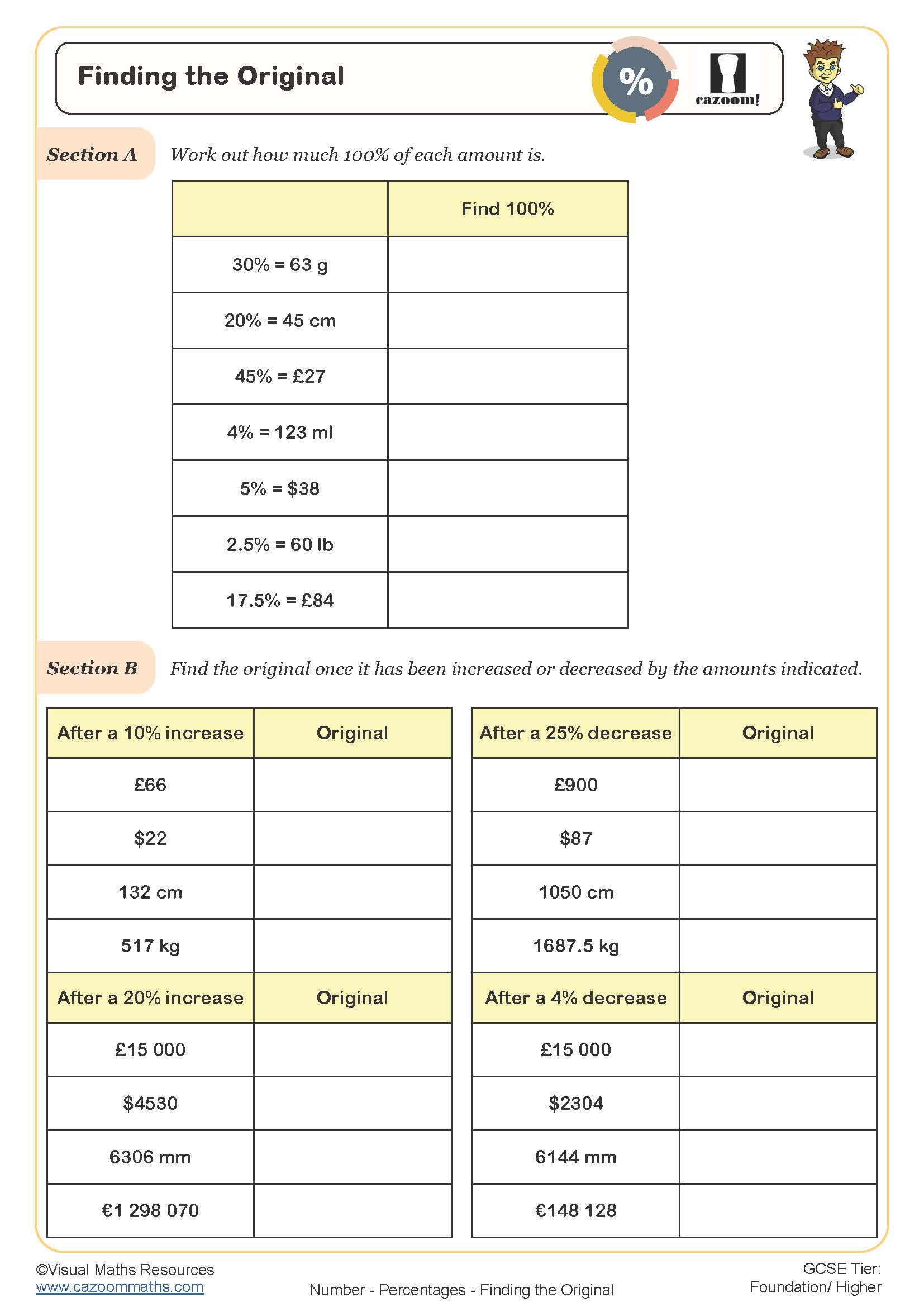 Percentage Increase and Decrease Worksheet | Cazoom Maths Worksheets