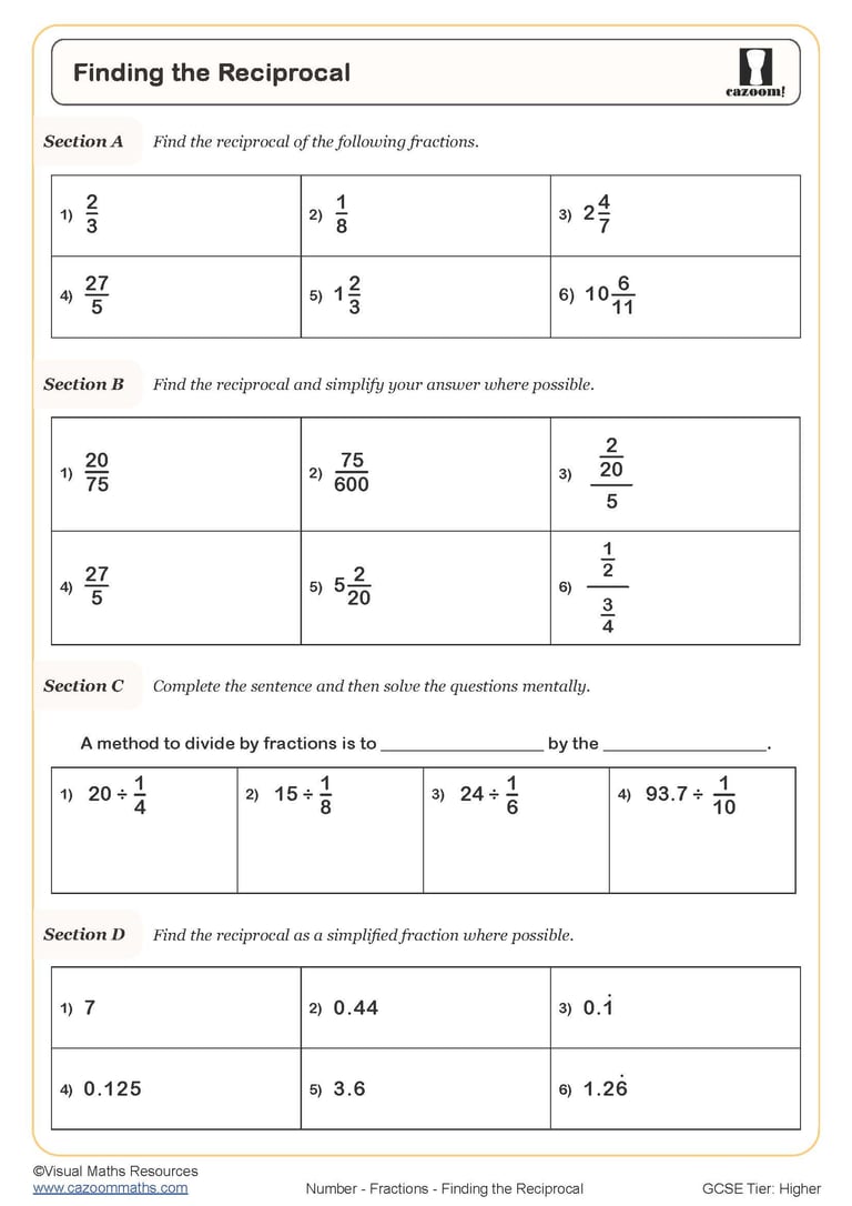 Finding the Reciprocal Worksheet | Cazoom Maths Worksheets