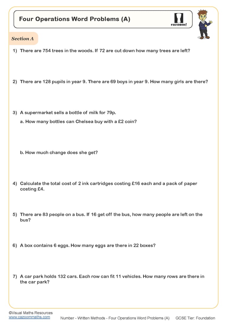 Four Operations Word Problems (A) (With Clues) Worksheet | Fun and ...