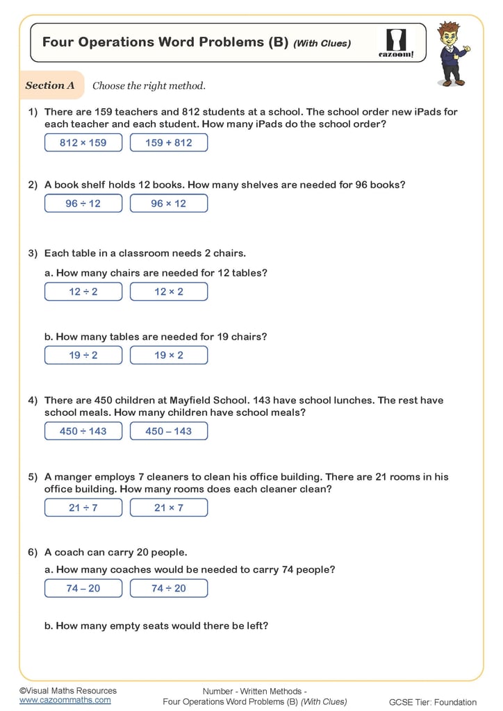 Four Operations Word Problems (A) Worksheet | Cazoom Maths Worksheets