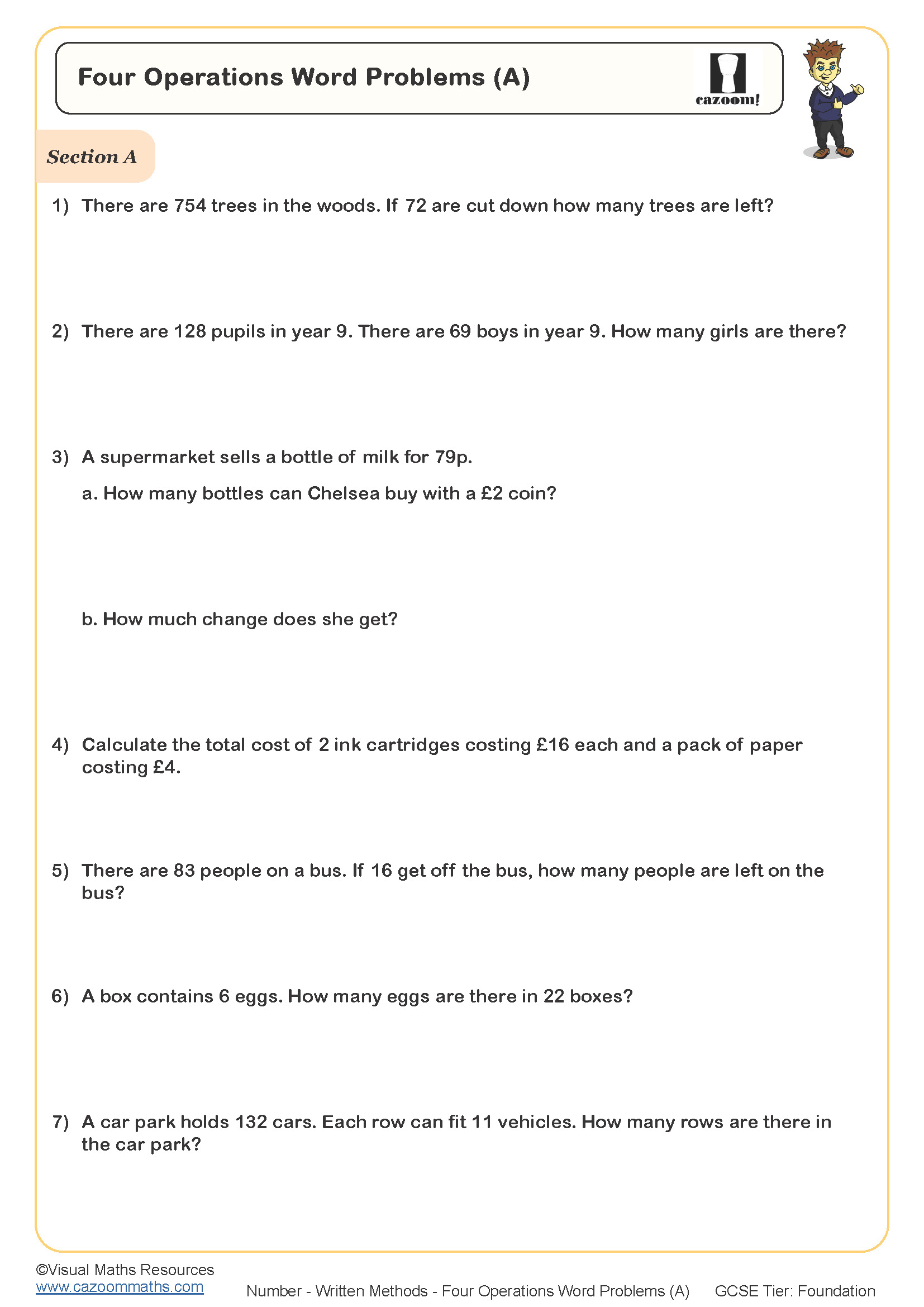 Four Operations Word Problems (A) (With Clues) Worksheet | Fun and ...