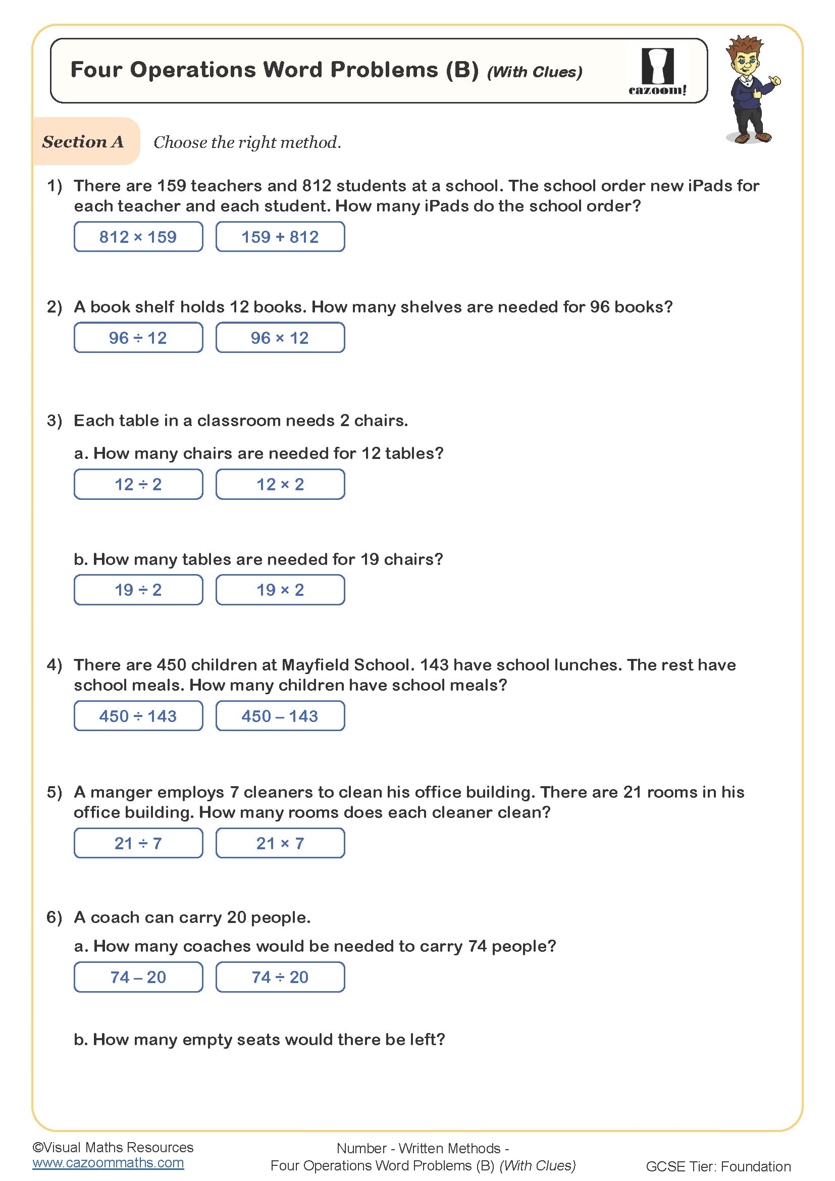 Four Operations Word Problems (A) (With Clues) Worksheet | Fun and ...