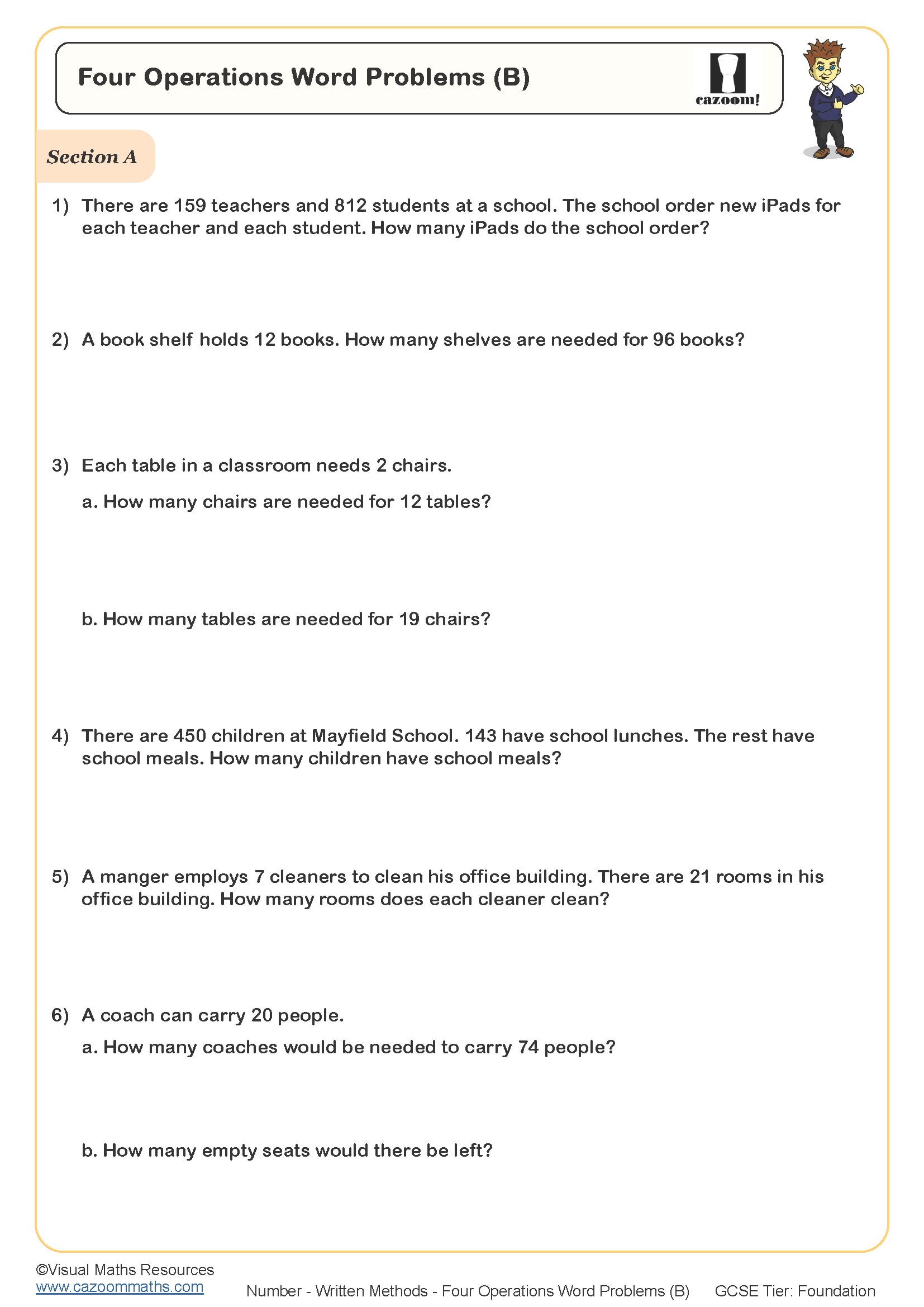 Four Operations Word Problems (B) Worksheet | Cazoom Maths Worksheets