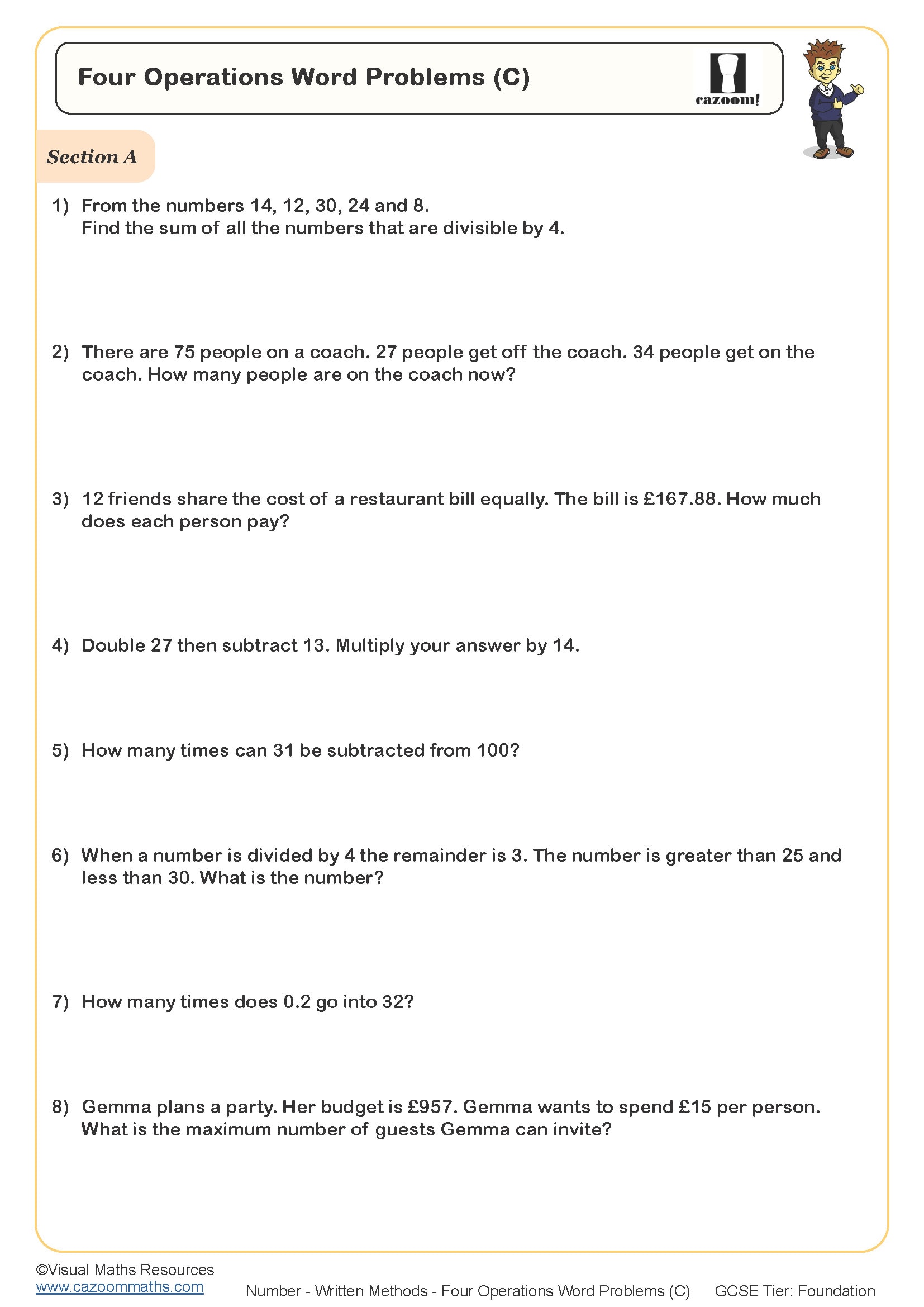 Four Operations Word Problems (A) (With Clues) Worksheet | Fun and ...
