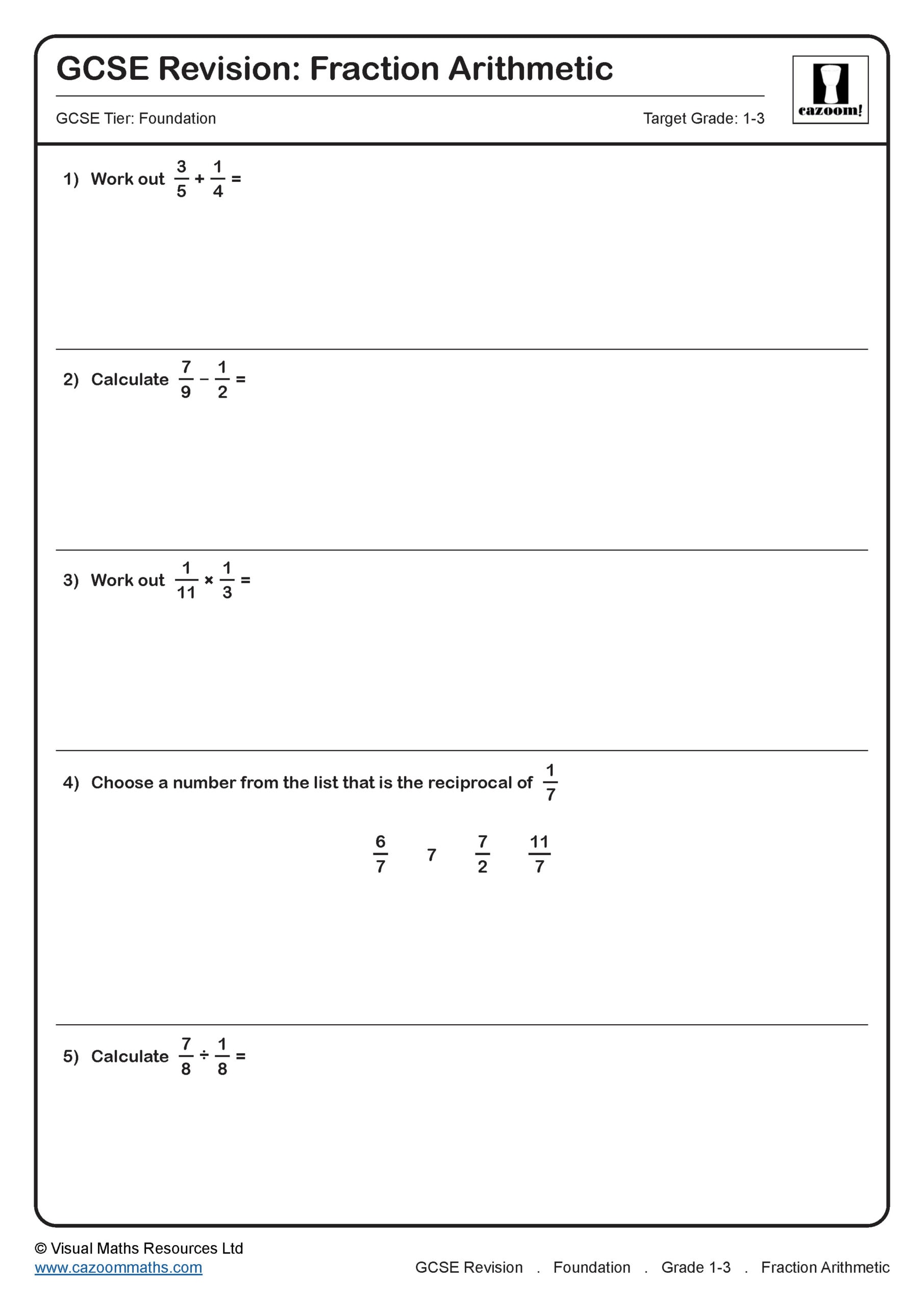 Fraction Arithemtic GCSE Questions | GCSE Revision Questions