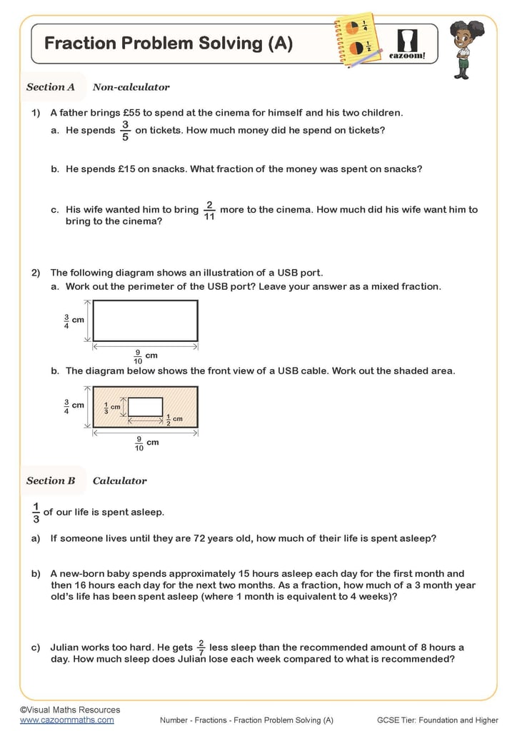 Fraction Problem Solving (B) Worksheet | Cazoom Maths Worksheets