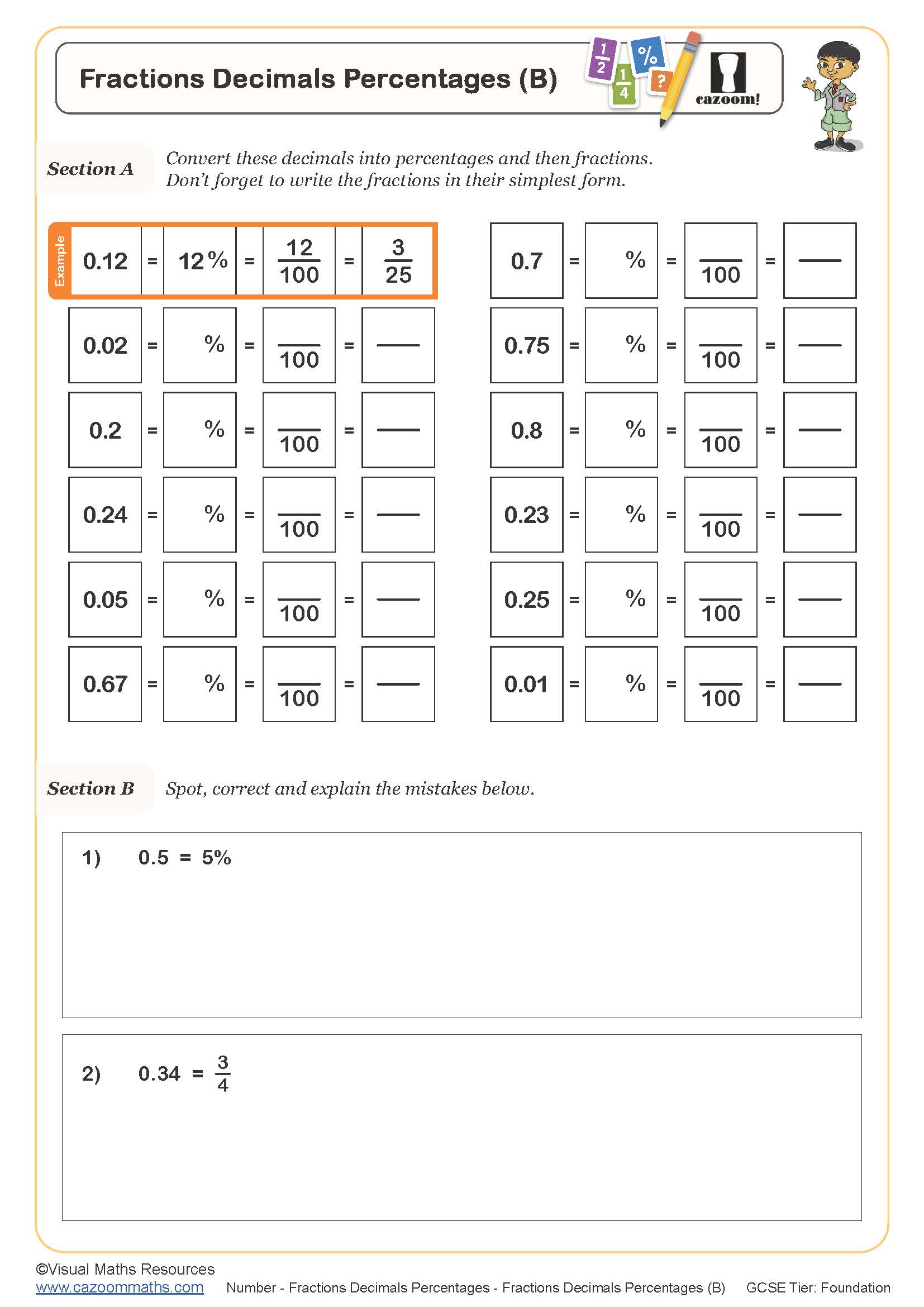 Percentages Fractions and Decimals Worksheets - Printable Fractions ...