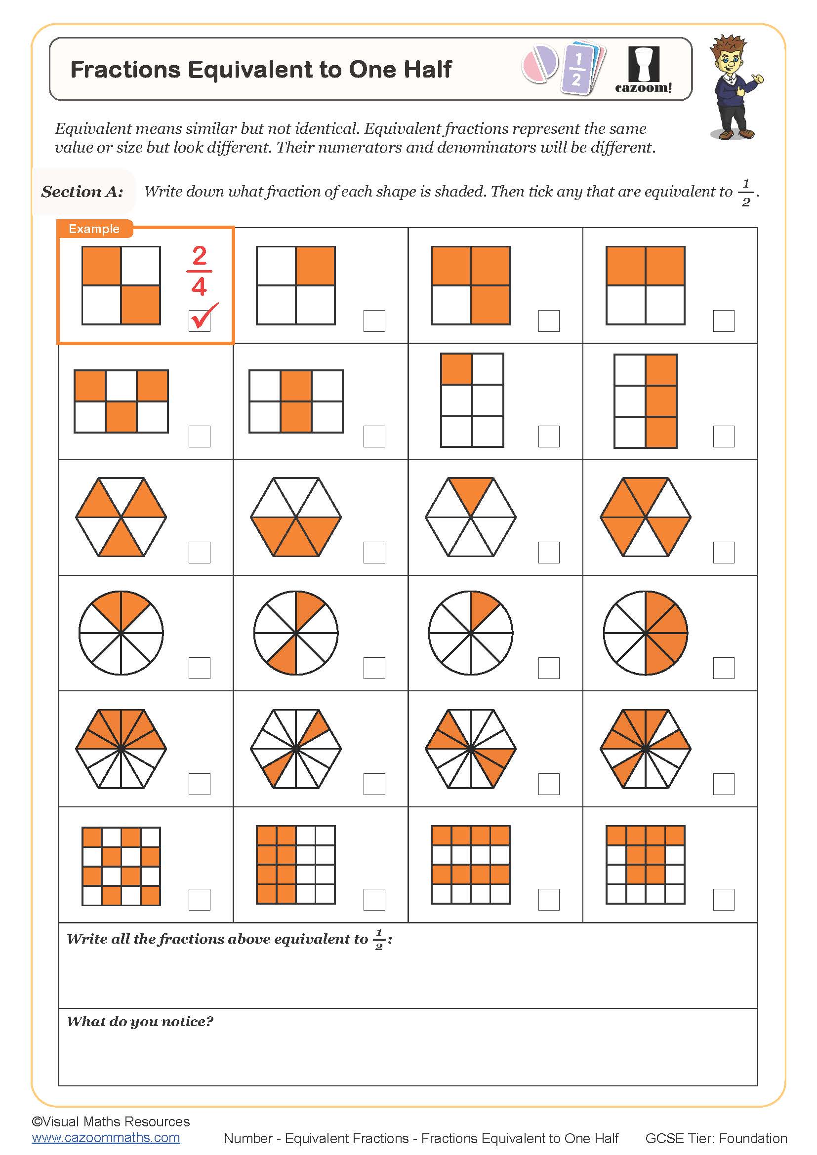 Fractions Equivalent to One Half Worksheet | Printable PDF Worksheets